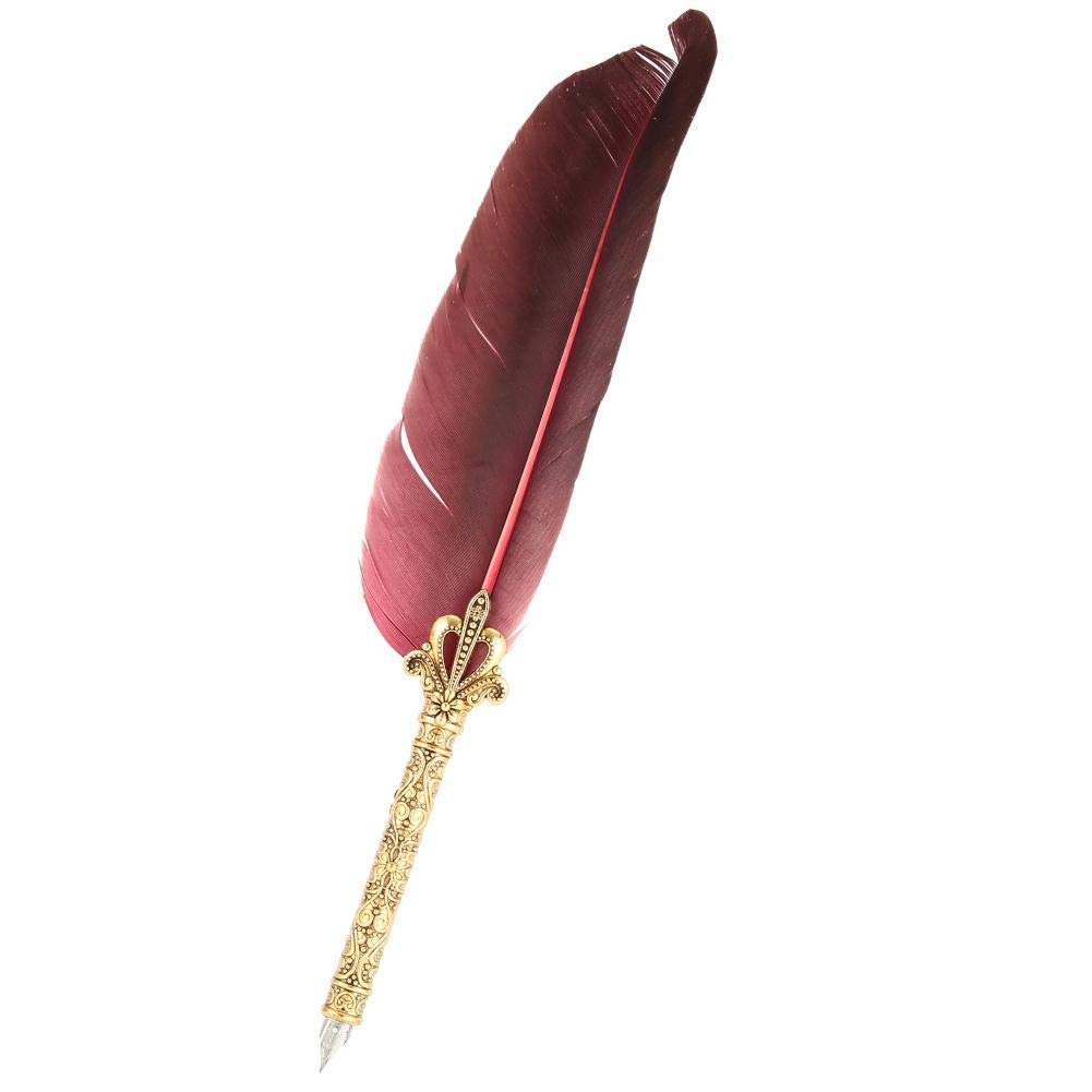 Simlug Calligraphy Pen Feather Quill Pen Set, Vintage Retro Feather Dip Pen Stainless Steel Nibs Calligraphy Writing Ink Pen Gift(Wine Red)