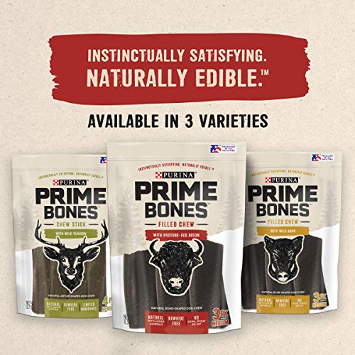 Purina Prime Bones Dog Bone, Made in USA Facilities, Natural Medium Dog Treats, Filled Chew With Pasture-Fed Bison - (4) 3 ct. Pouches