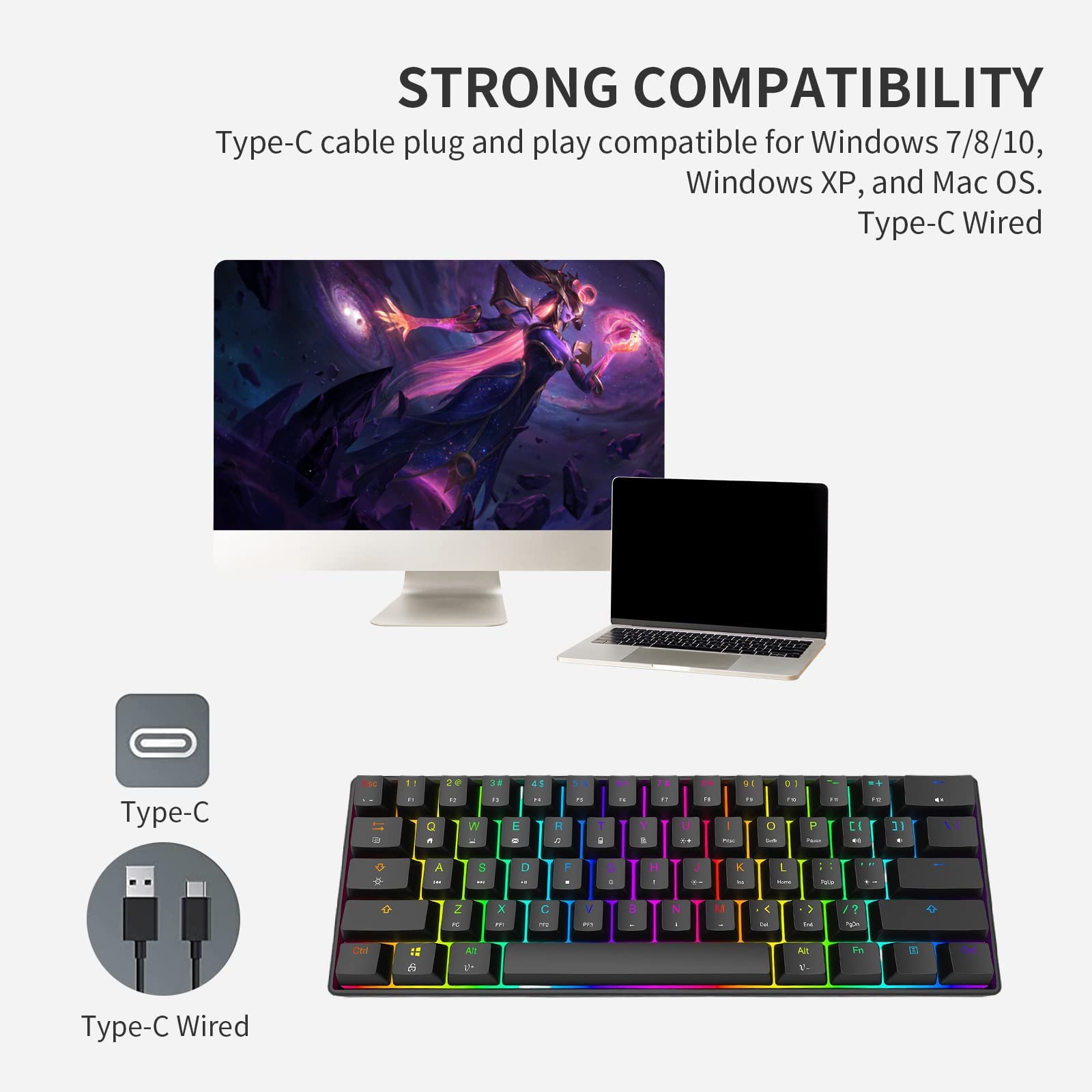 VIMUKUN 60% Mechanical Gaming Keyboard Wired 60 Percent Keyboard with LED RGB Rainbow Backlight Brown Switch for Windows PC Gaming (61 Keys, Black)