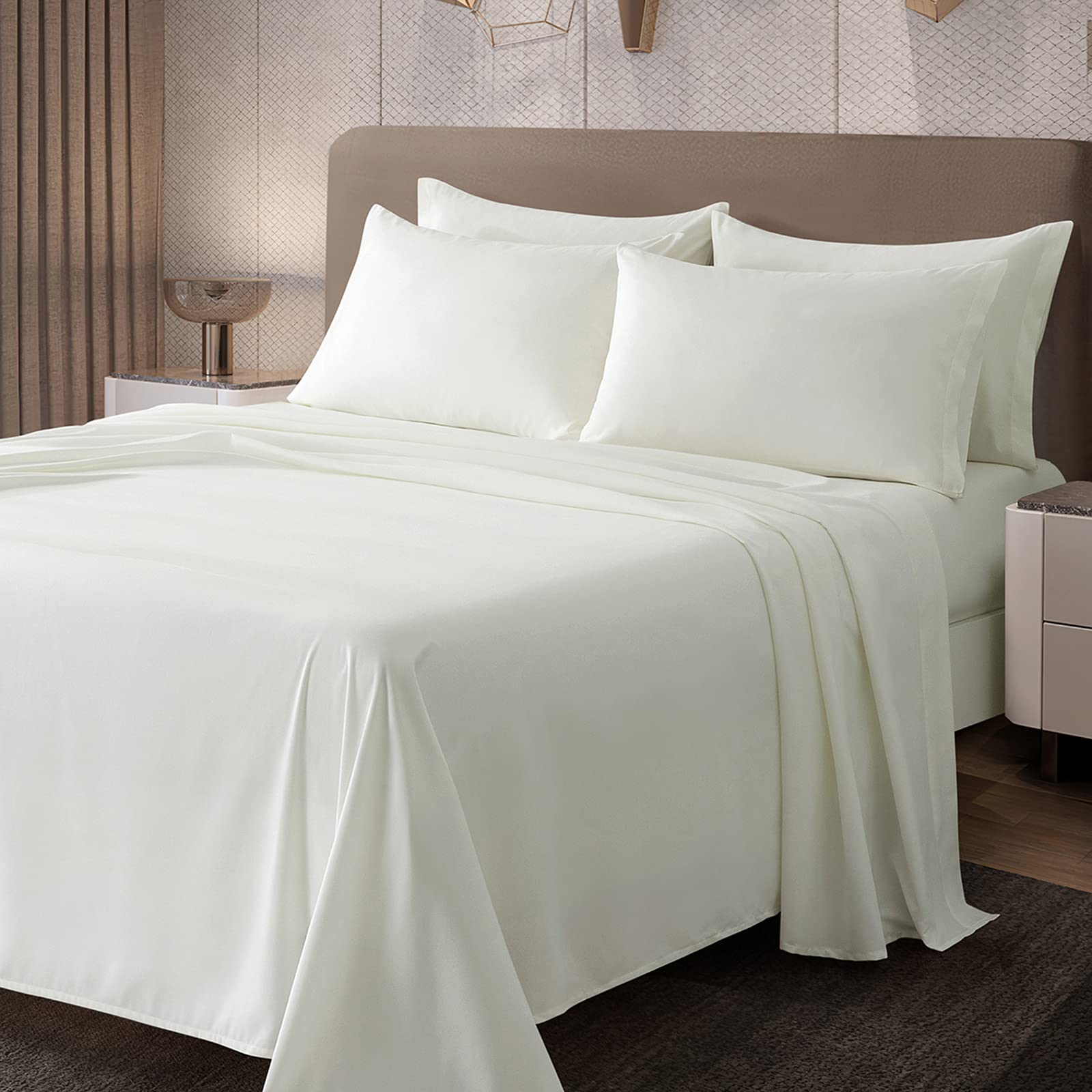 SiinvdaBZX 4 Piece 1800 Thread Count Bed Sheet Set, King Brushed Microfiber Bedding Sheets, 15" Deep Pockets Sheets Set with 2 Envelope Closure Pillowcases, Easy Care (Cream White)