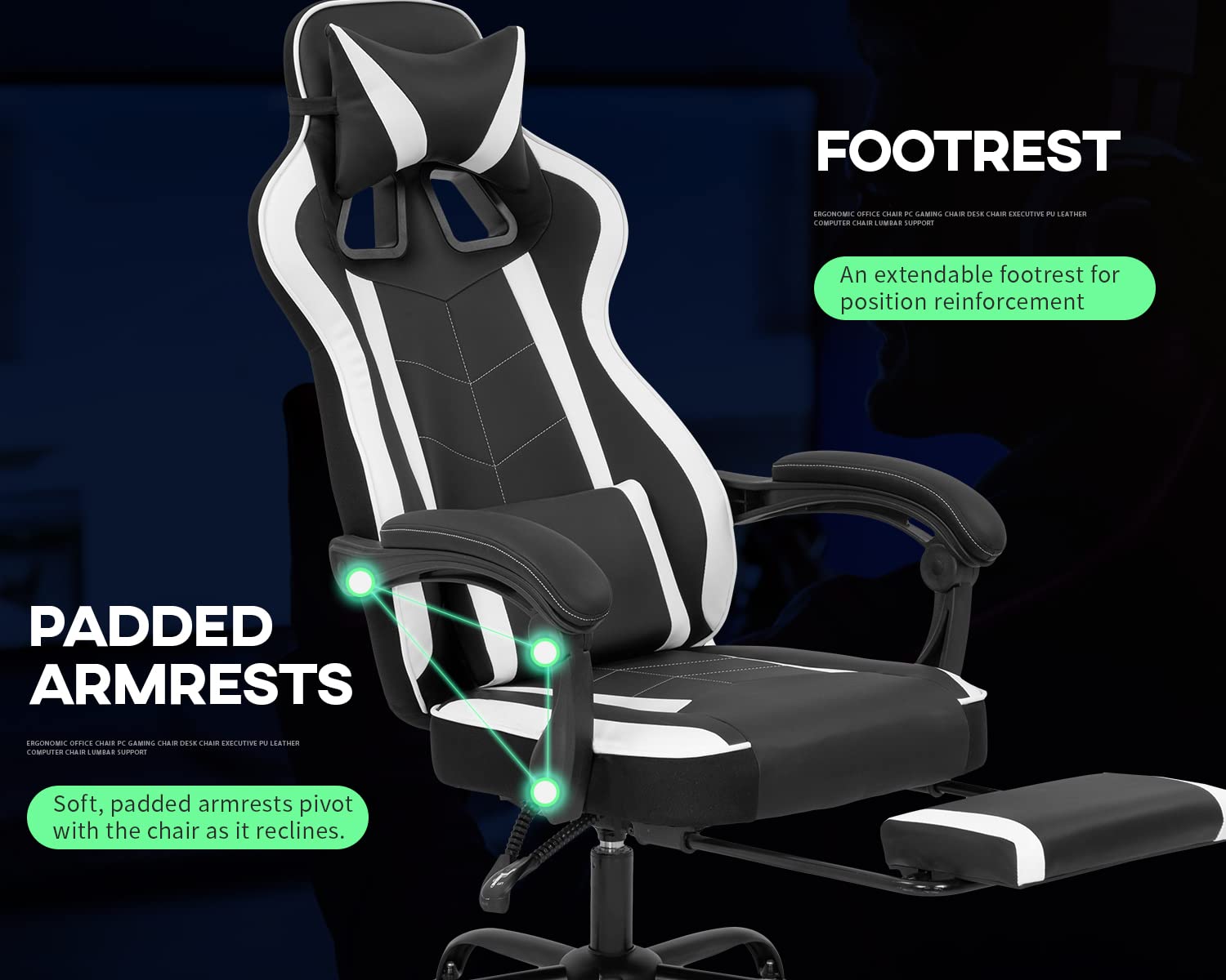 PC Gaming Chair Home Office Chair Racing Computer Chair with Lumbar Support Reclining Armrest Foot Rest Rolling Swivel PU Leather Ergonomic Task Desk Chair(White)