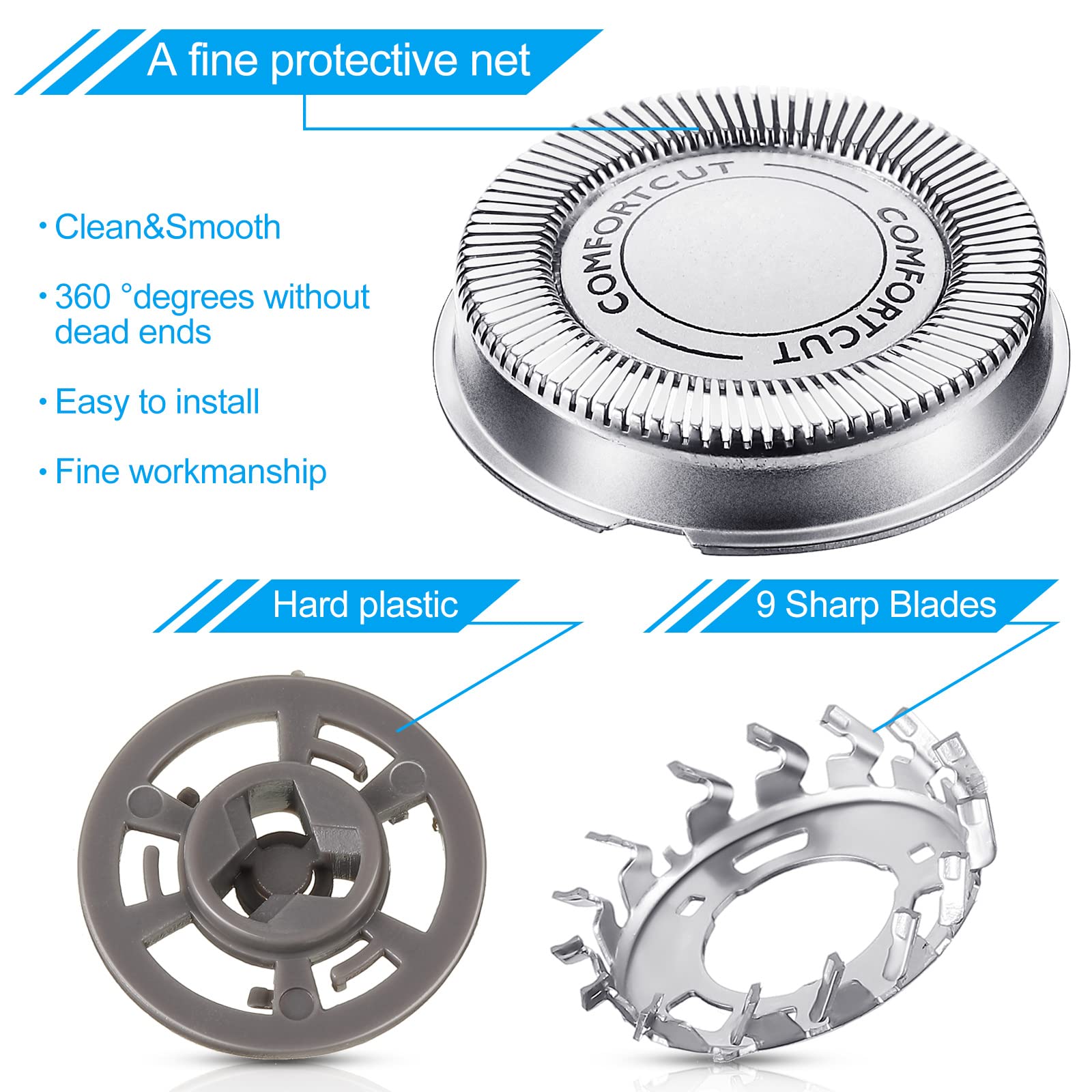 SH30 Replacement Head Compatible with Electric Shaver Series 1000, 2000, 3000 Click and Style with Pointed Blade, Non-Original (12 Pieces)