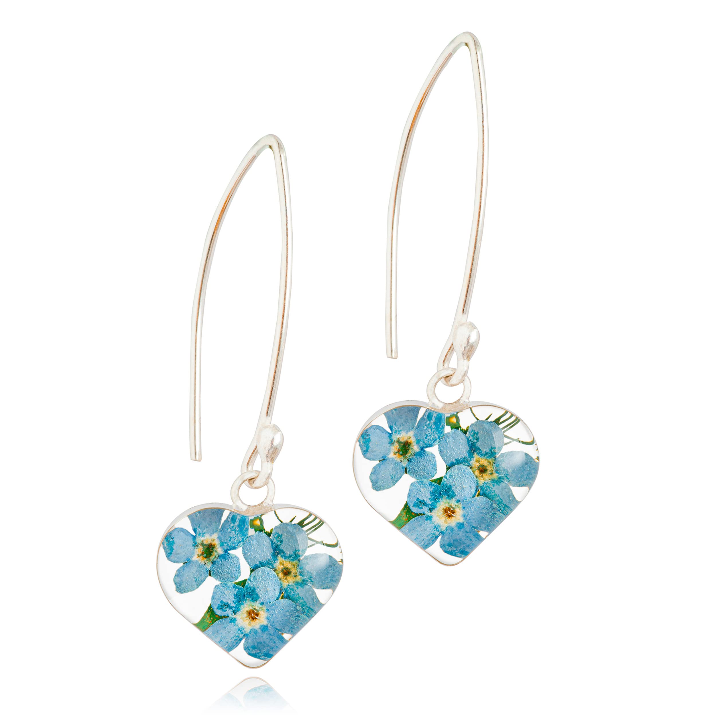 TAMI Silver Earrings with Real Blue Forgetmenot and 18, Heart Pressed Flower Jewelry