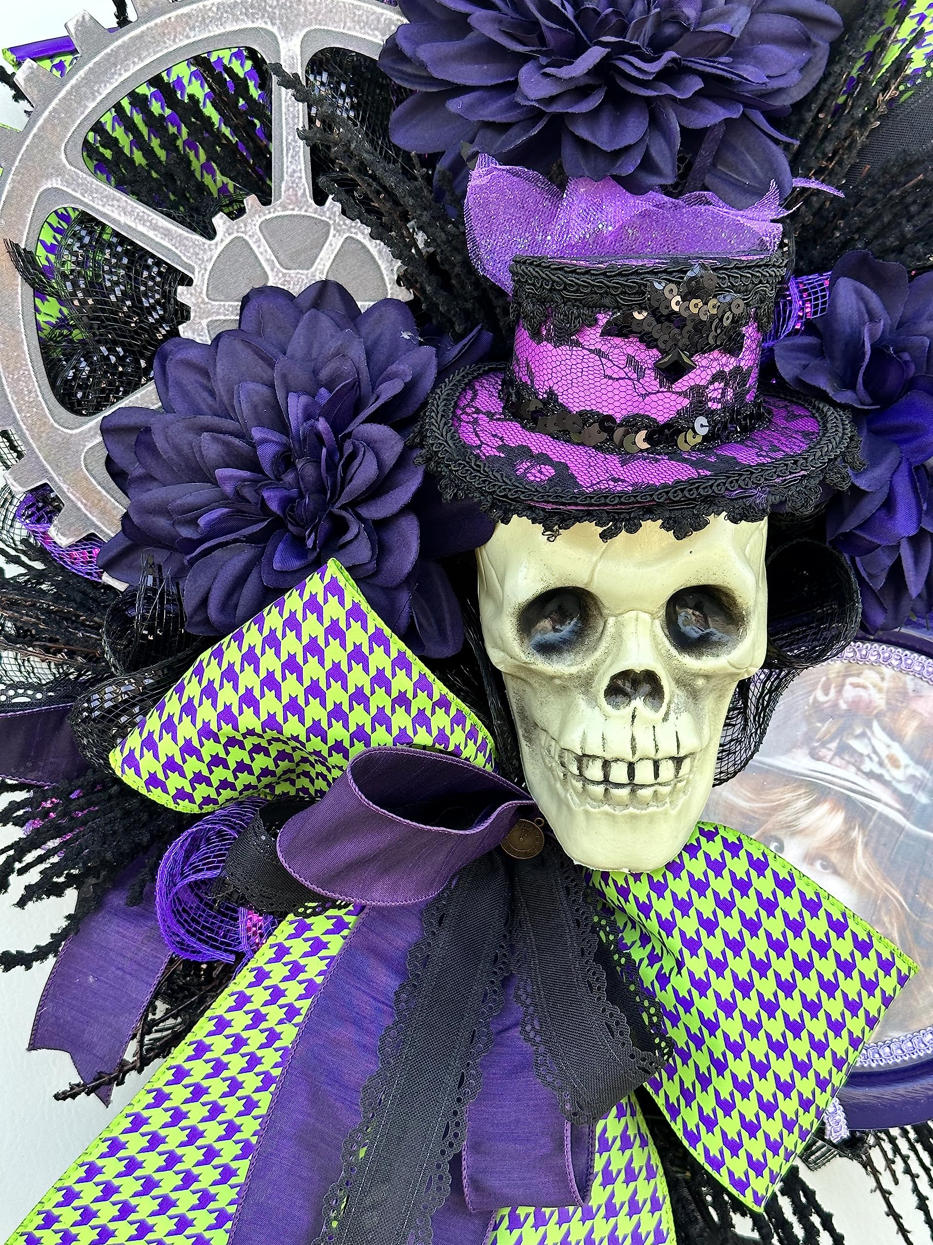 Purple Steampunk Halloween Skeleton Wreath - 26x19in - Spooky and Stylish Décor