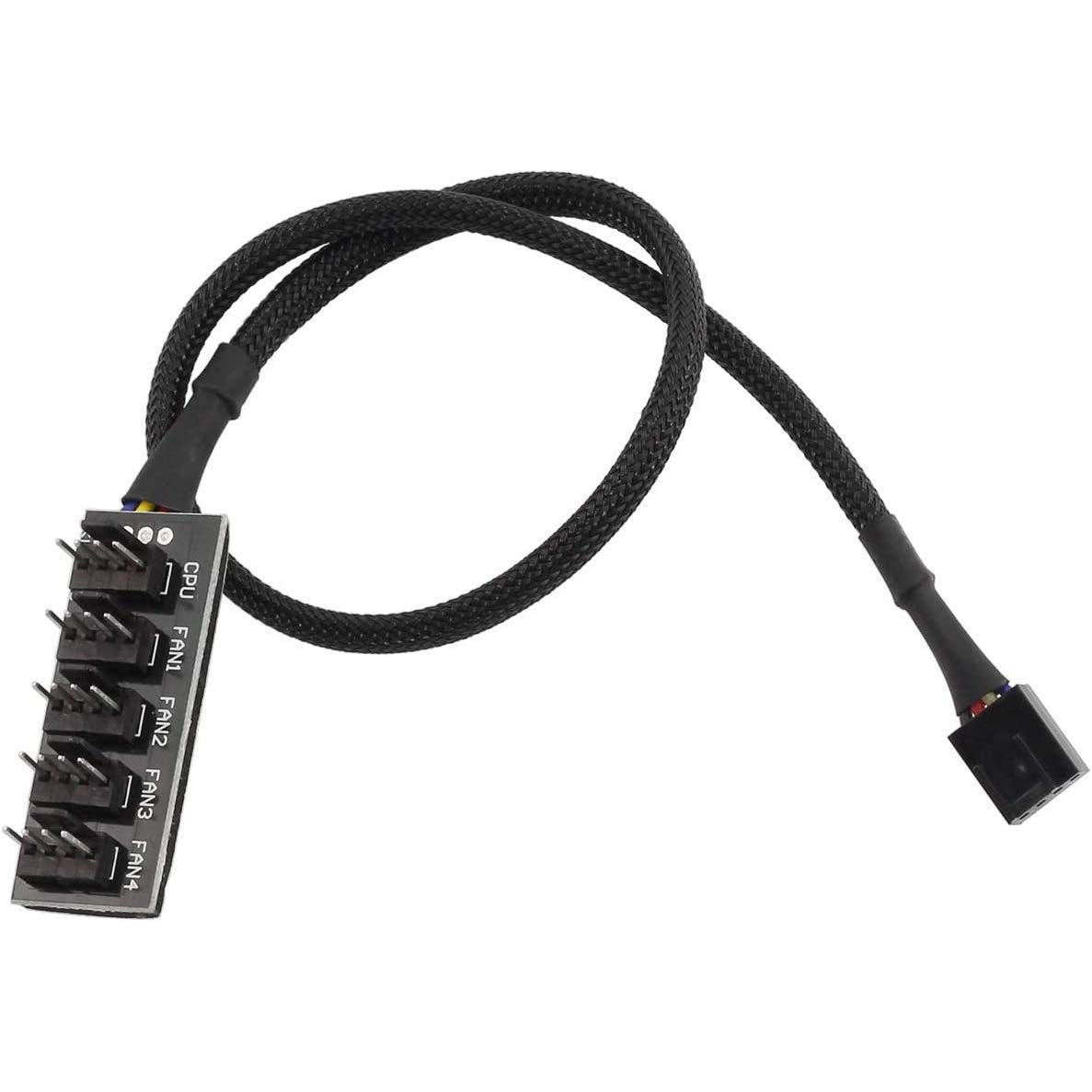 PWM Fan Hub PC 5 Way Splitter Sleeved PWM Fan Splitter Hub Adapter Cable for 12V Desktop Computer Cooler Case Fans 4-Pin & 3-Pin 14 inches