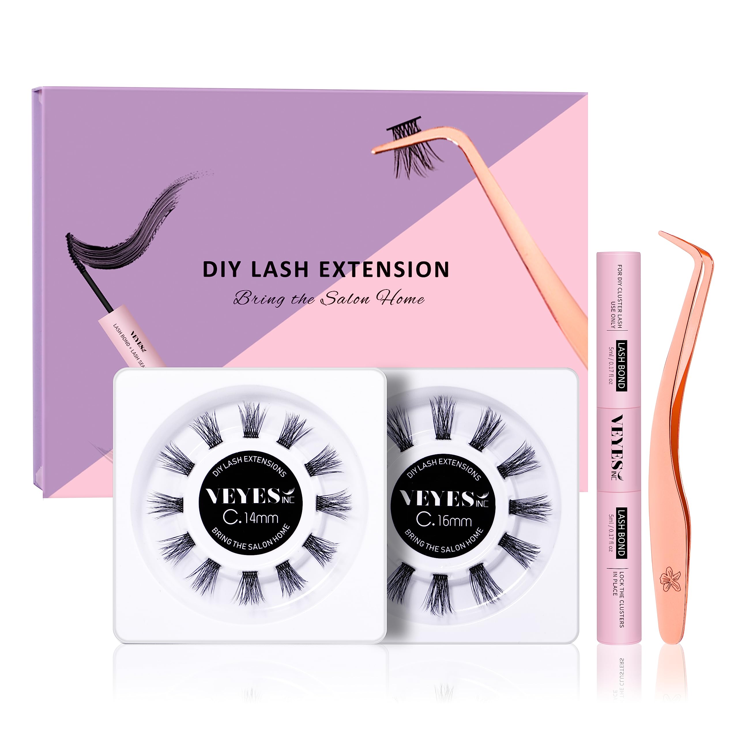 VEYES INC Individual Lash Clusters.DIY Eyelash Extensions Kit with tweezer,Lash Bond and Seal.Clusters Lashes that Look Like Extensions.Wispy Lashes for Beginners.14&16mm(TP01)