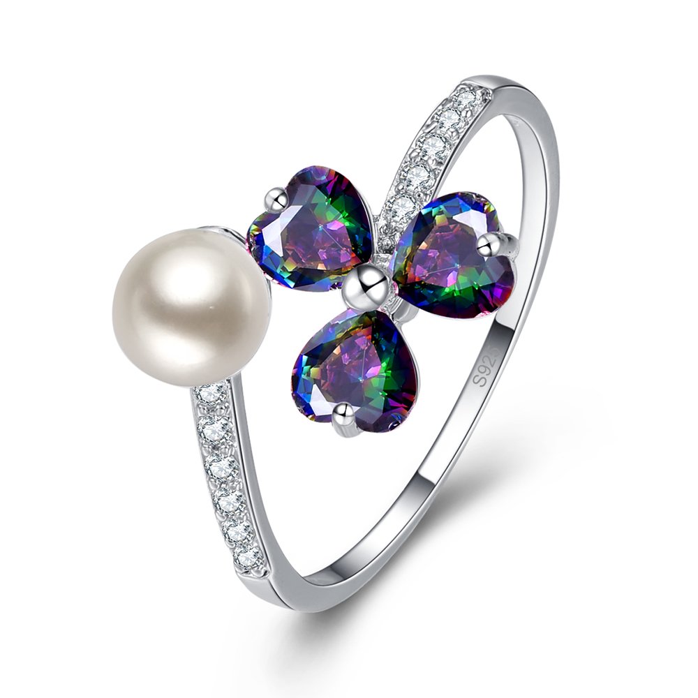Psiroy 925 Sterling Silver Plated Created Rainbow Topaz Filled Heart Shaped Dainty Flower Anniversary Rings for Women Size 9