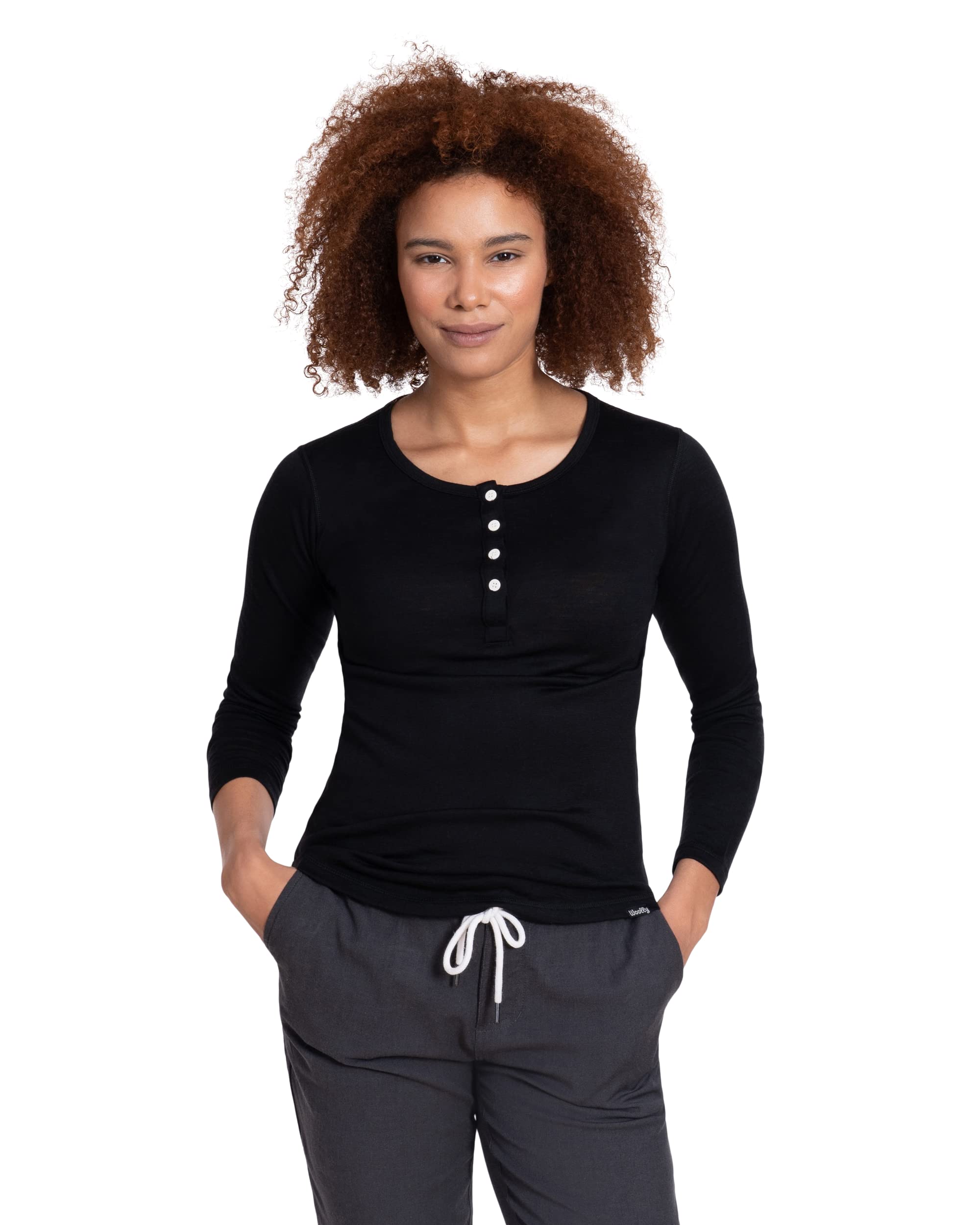 Woolly Clothing Women's Merino Wool Long Sleeve Henley - Wicking Breathable Anti-Odor - Black - S