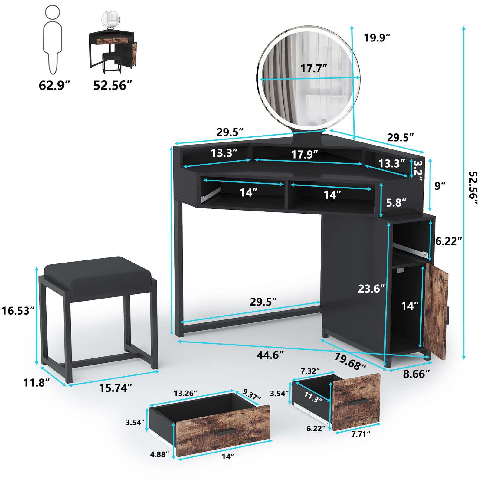PAKASEPT Corner Vanity Set with Lighted Mirror, Makeup Dressing Table with Drawers, Cabinet and Cushioned Stool, Girls Vanity Desk for Bathroom, Bedroom