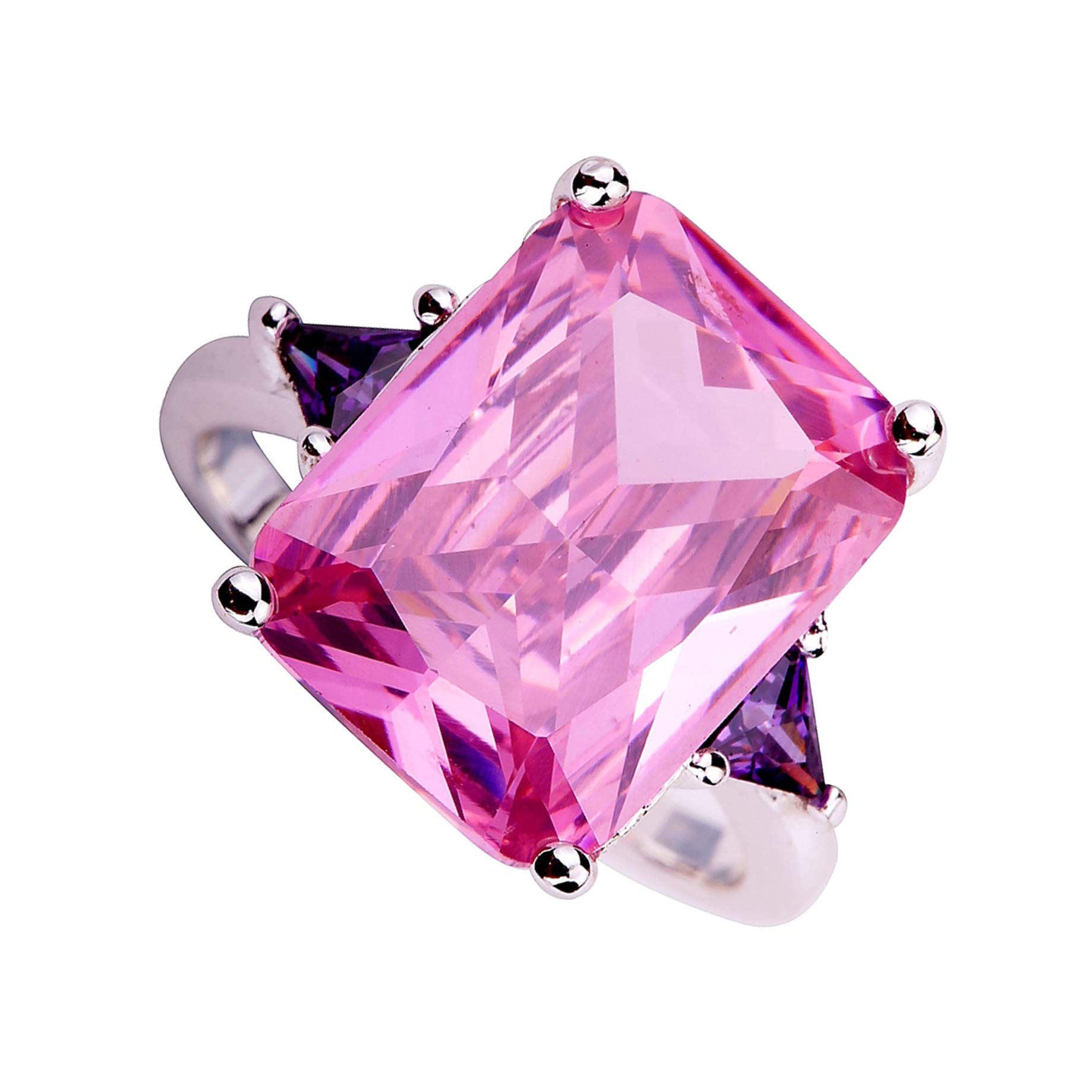 Psiroy Women Jewelry Chunky Rings 925 Sterling Silver Plated Simulated Pink Topaz & Amethyst Statement Ring Size 7