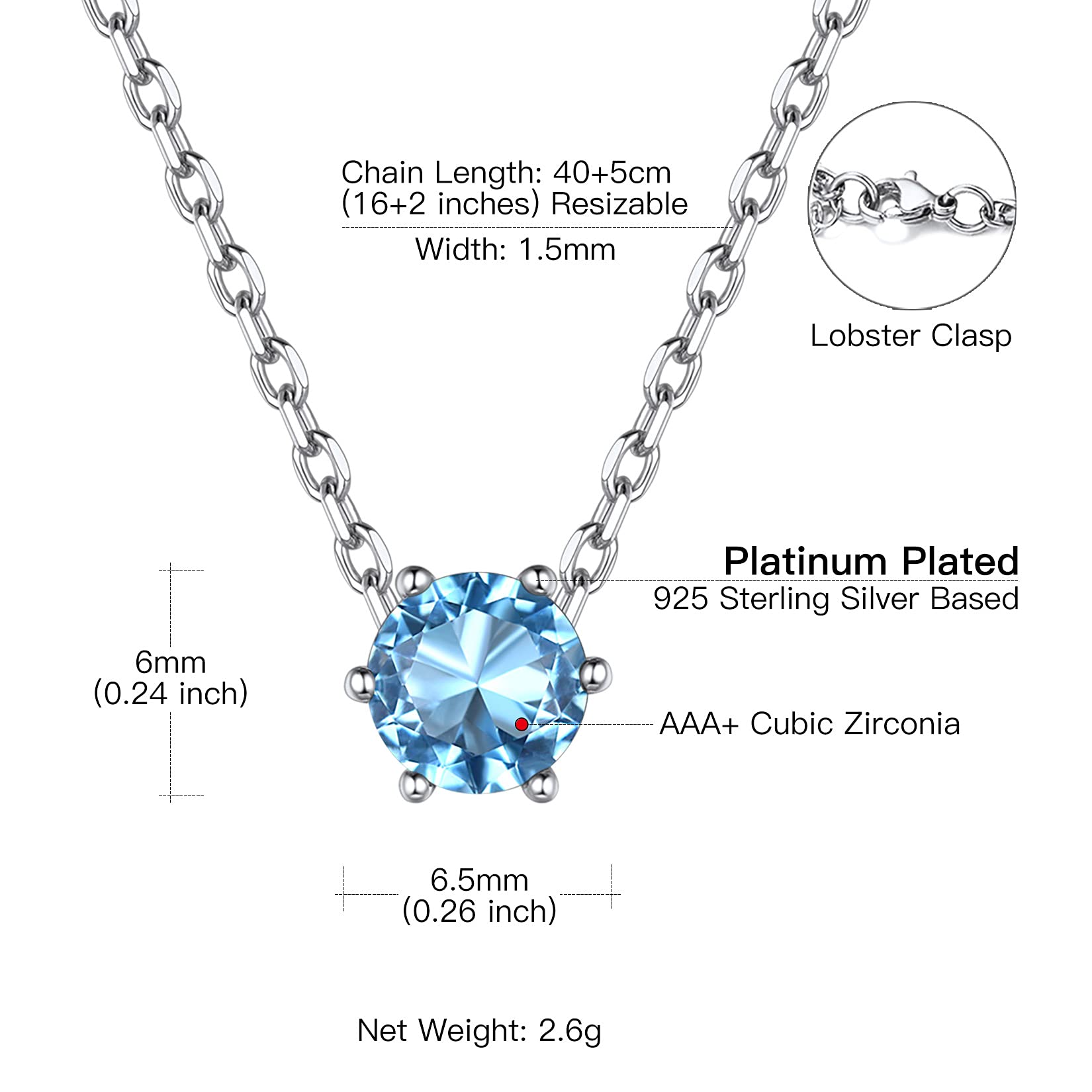 Suplight March Birthstone Necklace 925 Sterling Silver Aquamarine Bule Necklace for Women
