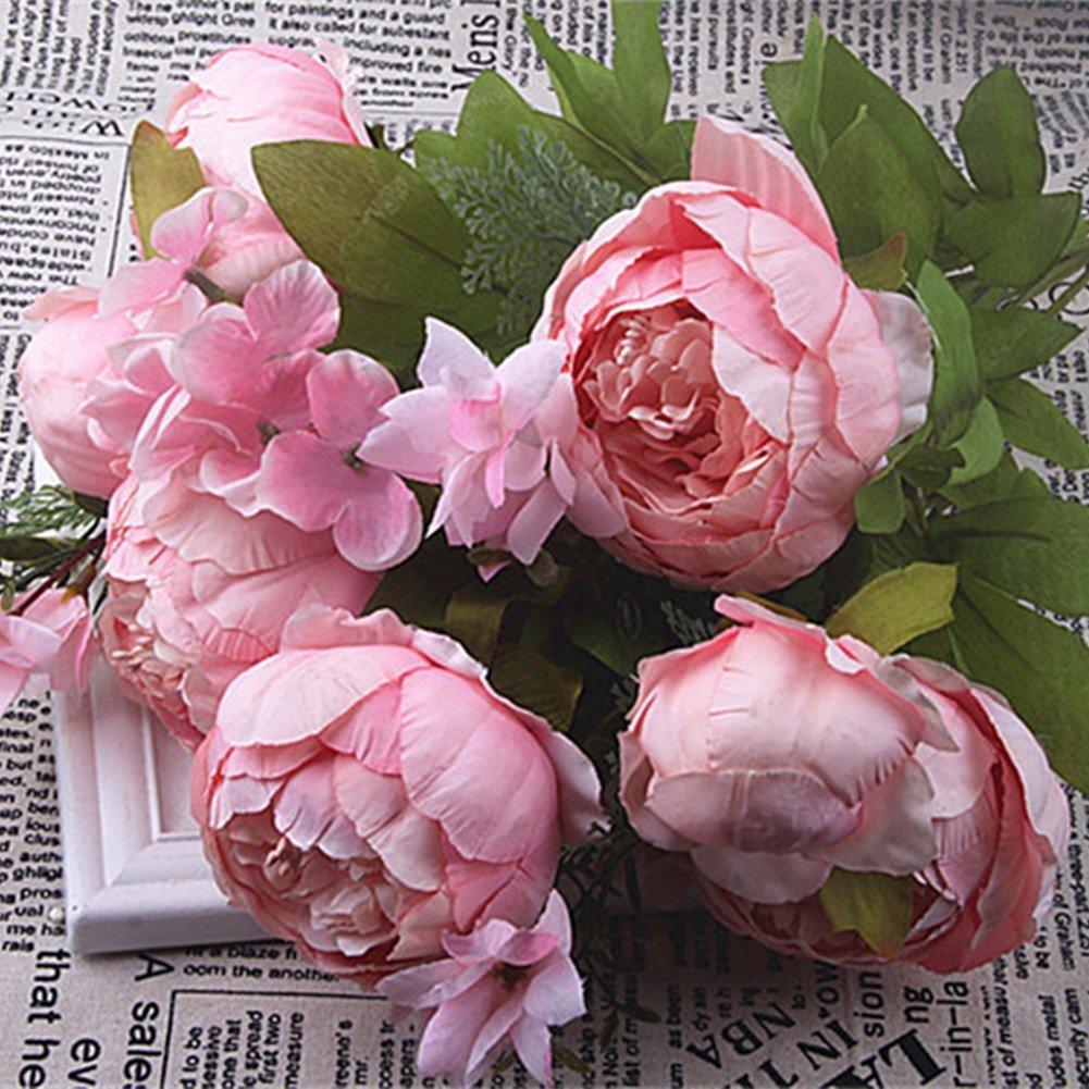 SHINE-CO Lighting Artificial Peony Silk Flowers Bouquet Glorious Moral for Home Office Decoration and Weddings(Rosy Pink)