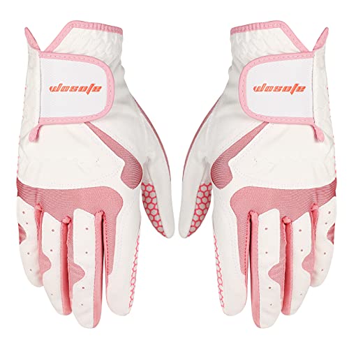 wosofe Golf Gloves Women Both Hands Pair Synthetic PU Soft Silica Gel Non-Slip Ventilation Comfortable Pink Close Fit Fashion (Medium)