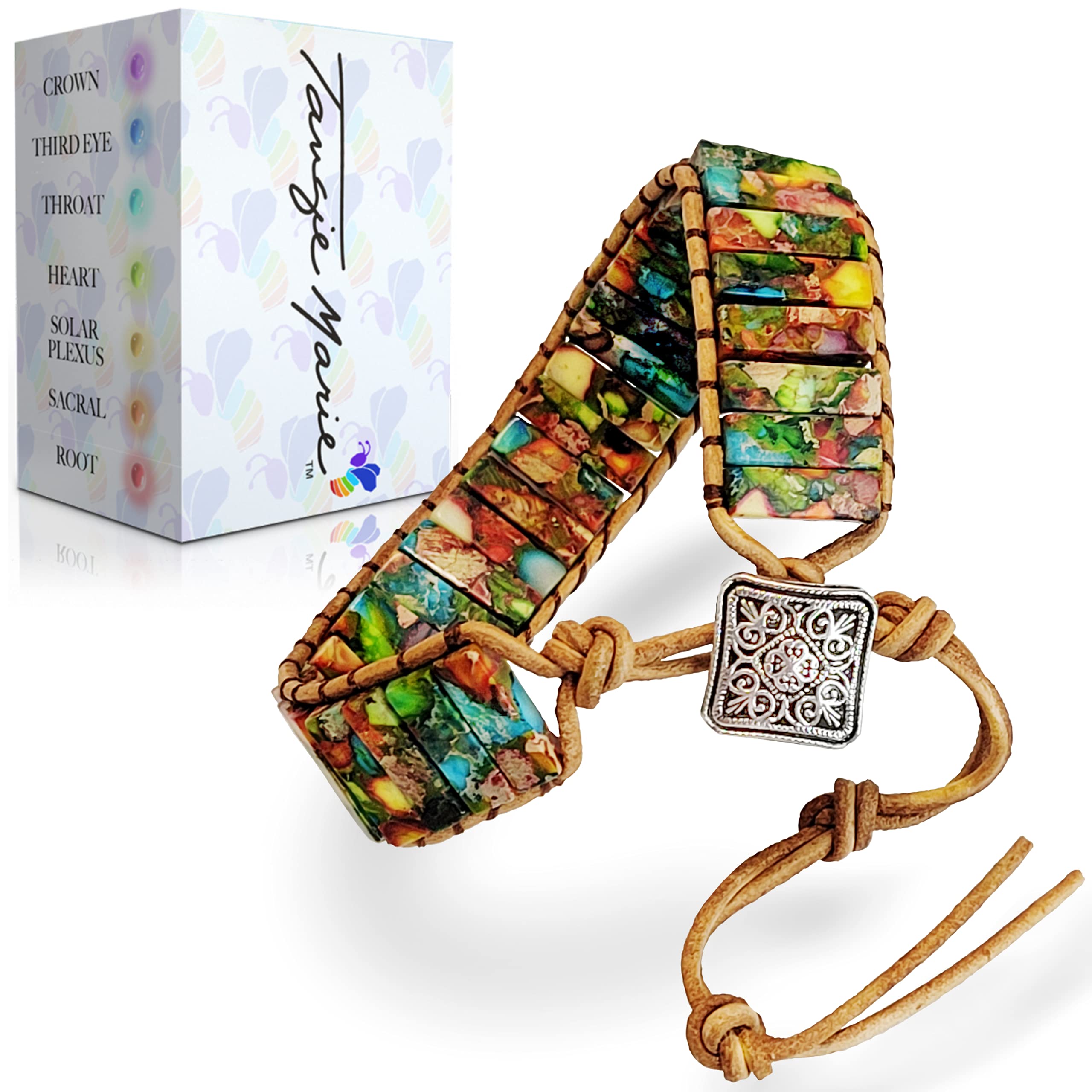 Tangie Marie Chakra Bracelet - Imperial Rainbow Jasper Stone for Women Men Beaded Boho Leather Wrap Gemstone Bangle