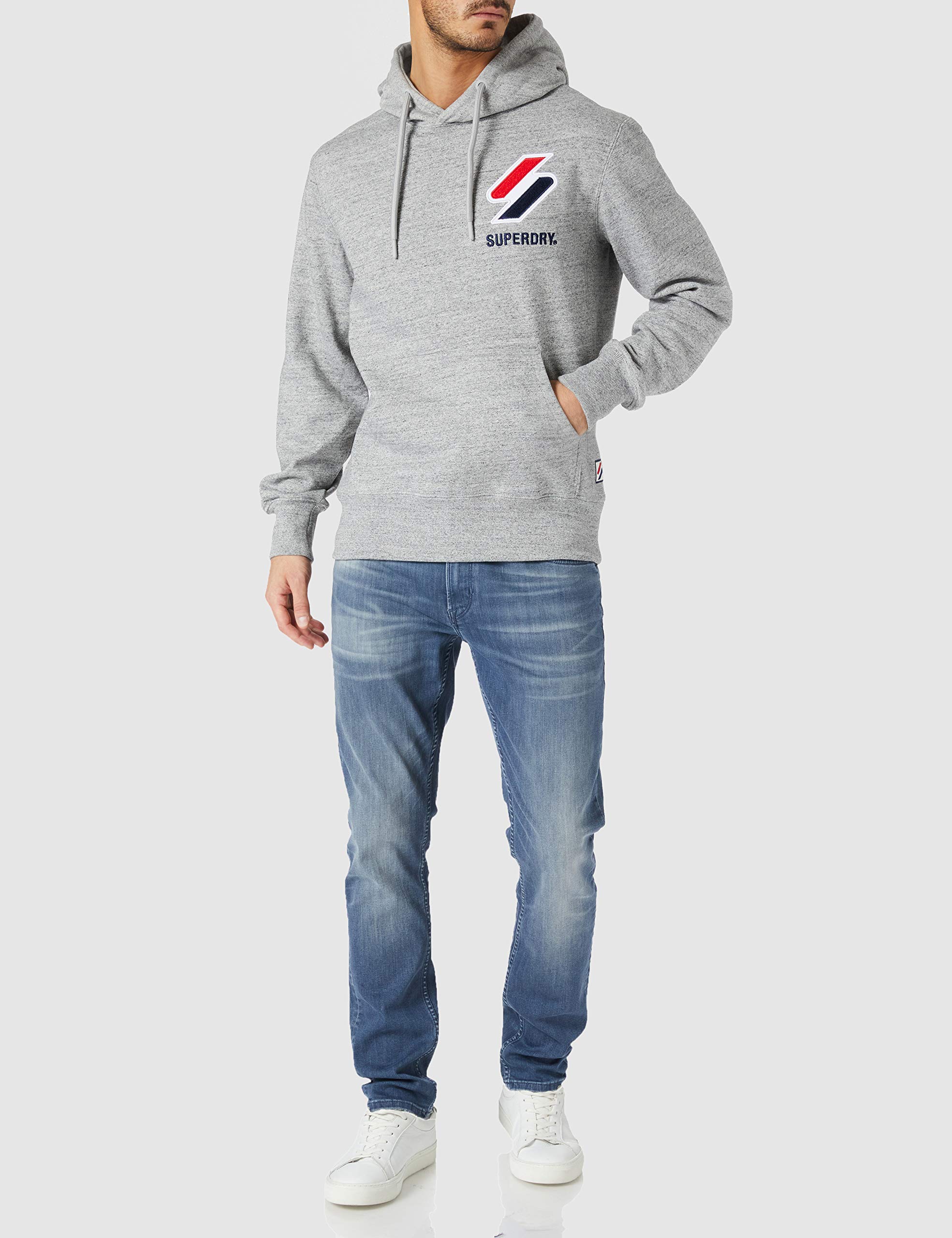 Superdry Mens Sportstyle Applique Hoodie, Relaxed Fit Grey Slub Grindle Size M