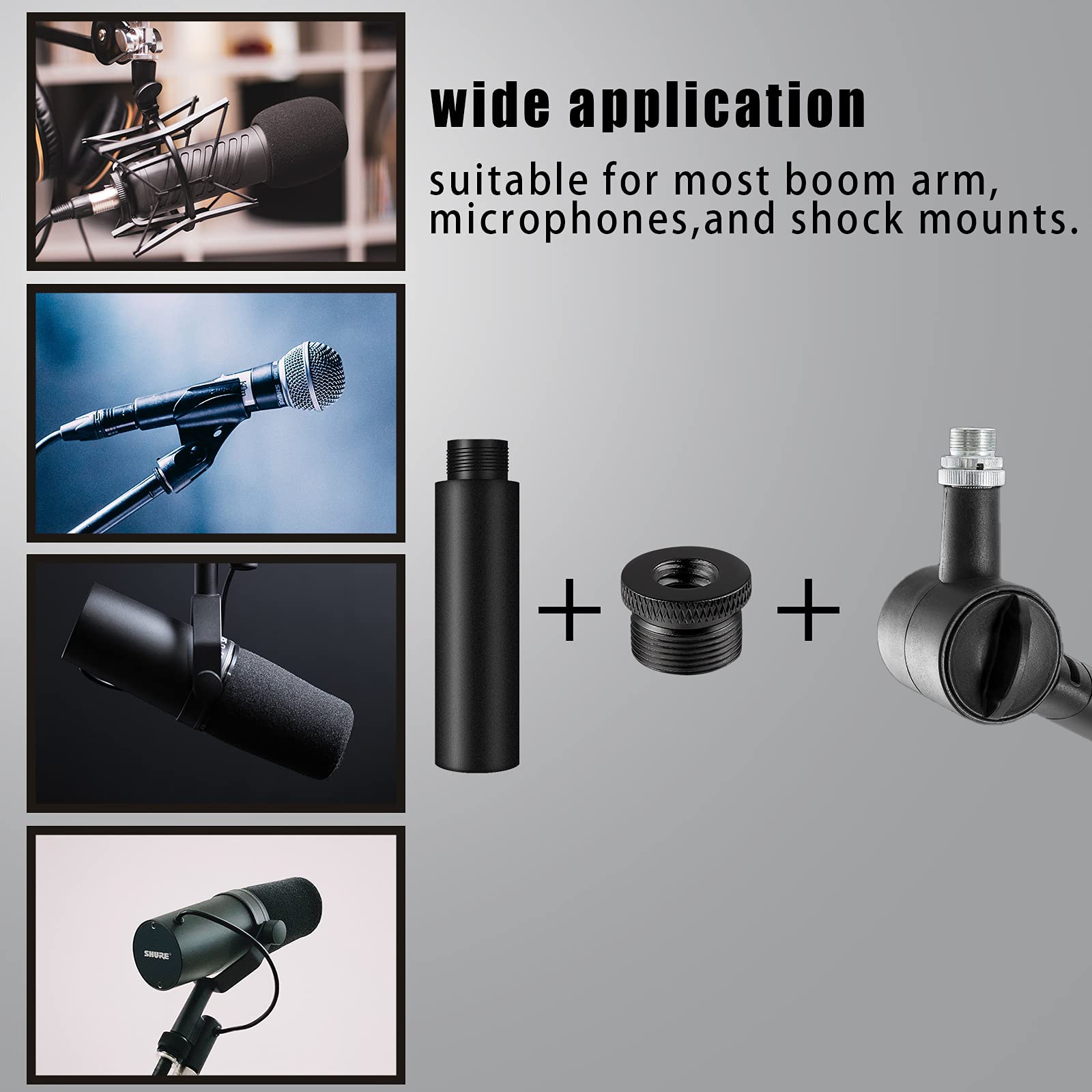 SAVITA 2pcs Mic Stand Extension Tubes with 1pc Metal Adapter Microphone Extension Rod 5/8" for Desk Stands and Arm Stand (Black)