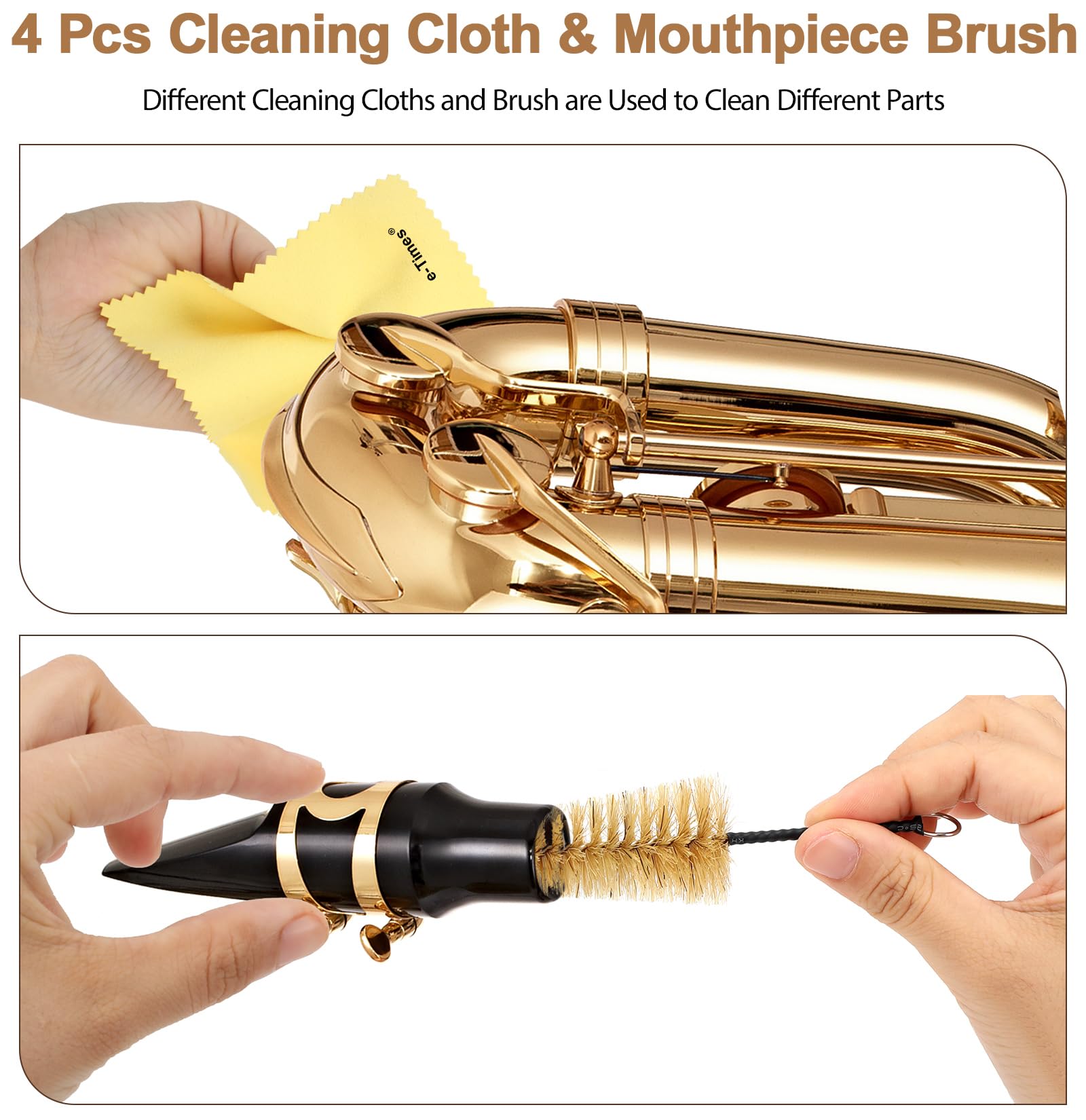 Saxophone Cleaning Cloth Kit, for Alto Tenor Soprano Sax and Other Wind & Woodwind Instruments, Including 1 * Cleaning Cloth and 1 * Mouthpiece Brush