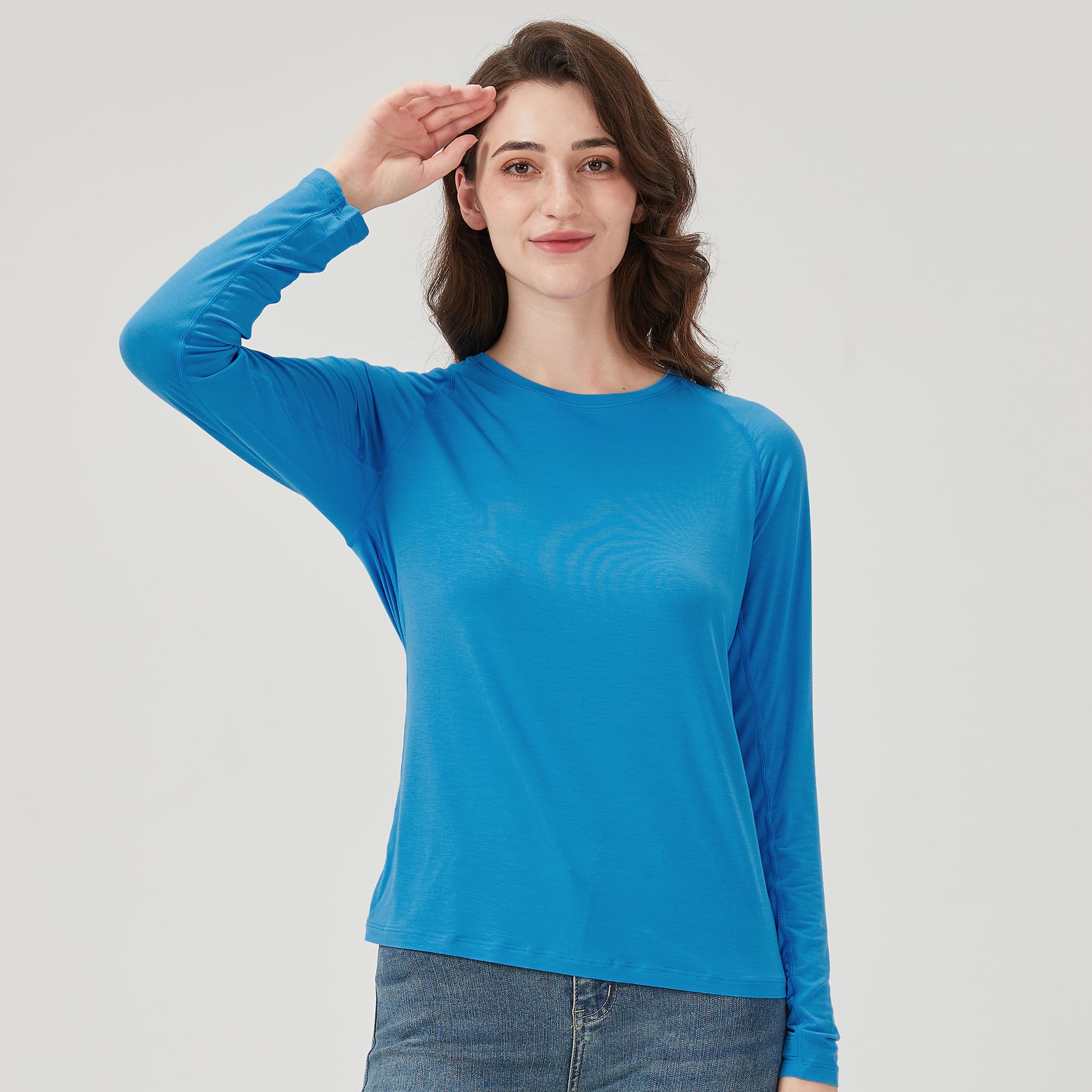 Women's Ultra Lightweight Bamboo Viscose Workout Shirt UPF 50+ Soft Outdoor Long Sleeve Hiking Tops with Thumbholes, Light Blue, X-Large