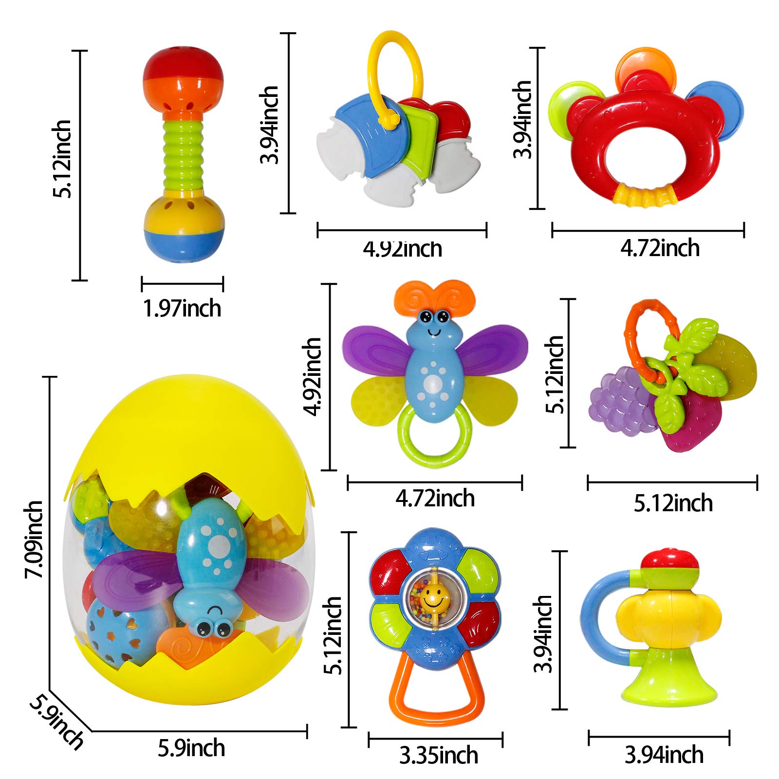 Rattle Teether Set Baby Toys - Happytime 13Pcs Shake Rattle Teethers Early Education Toys for Newborn Infant with Surprise Egg for 3 6 9 12 18Month