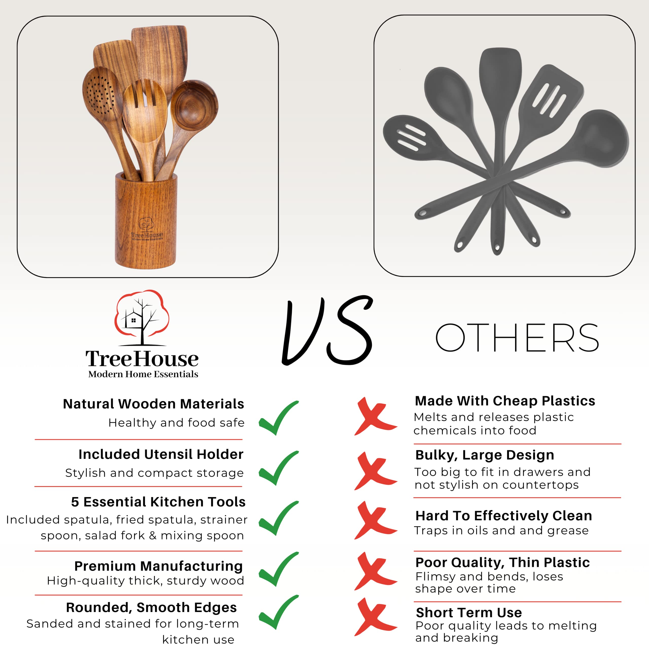Natural Teak Wood Kitchen Gadgets use for Cooking Utensils Set, 6-Piece Wooden Spoons and Spatula with Holder, Nonstick and Healthy Kitchen Cookware for Comfortable Cooking Experience.
