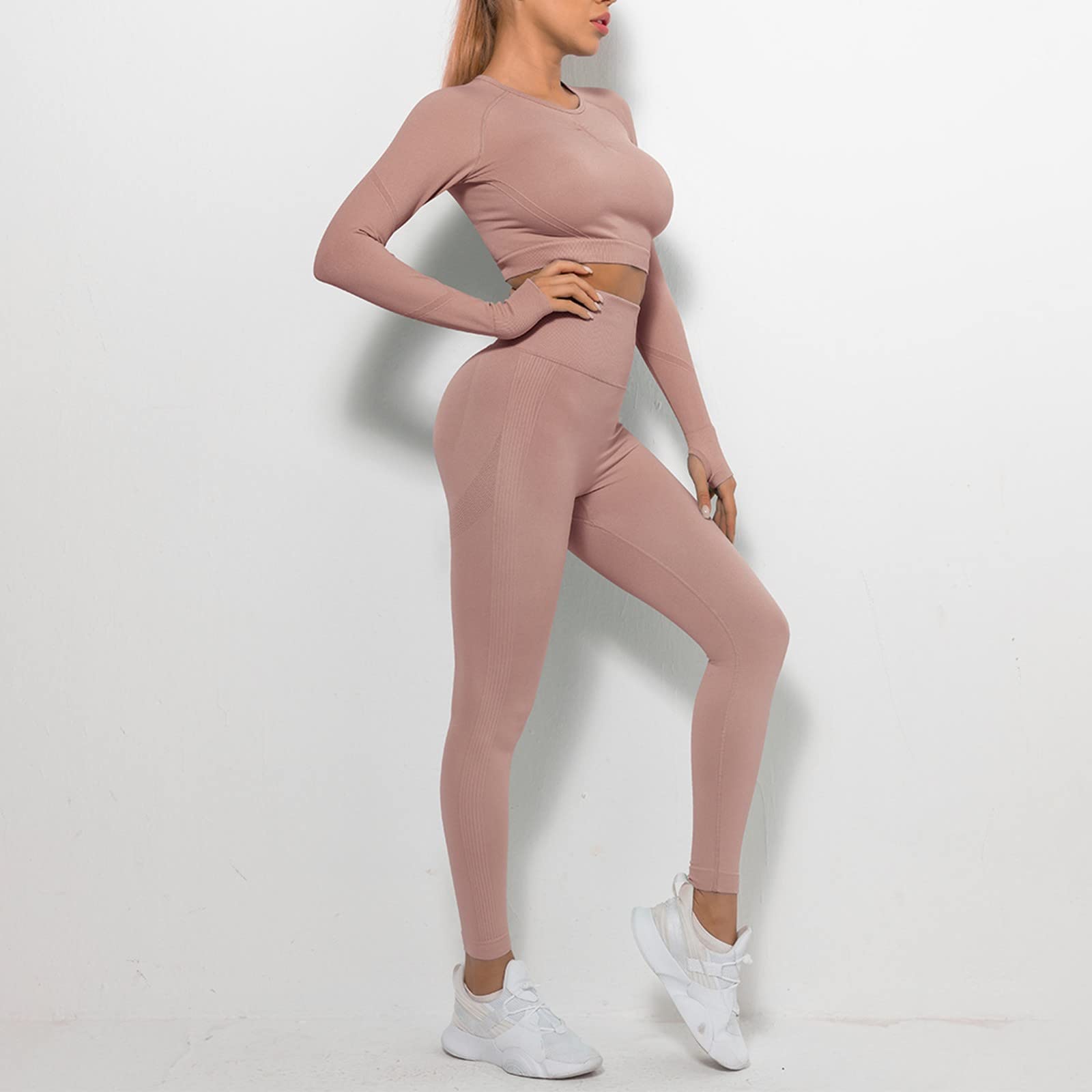 Workout Outfits for Women Long Sleeve Crop Top with High Waist Butt Lifting Legging Ribbed Gym Sets Matching Sets