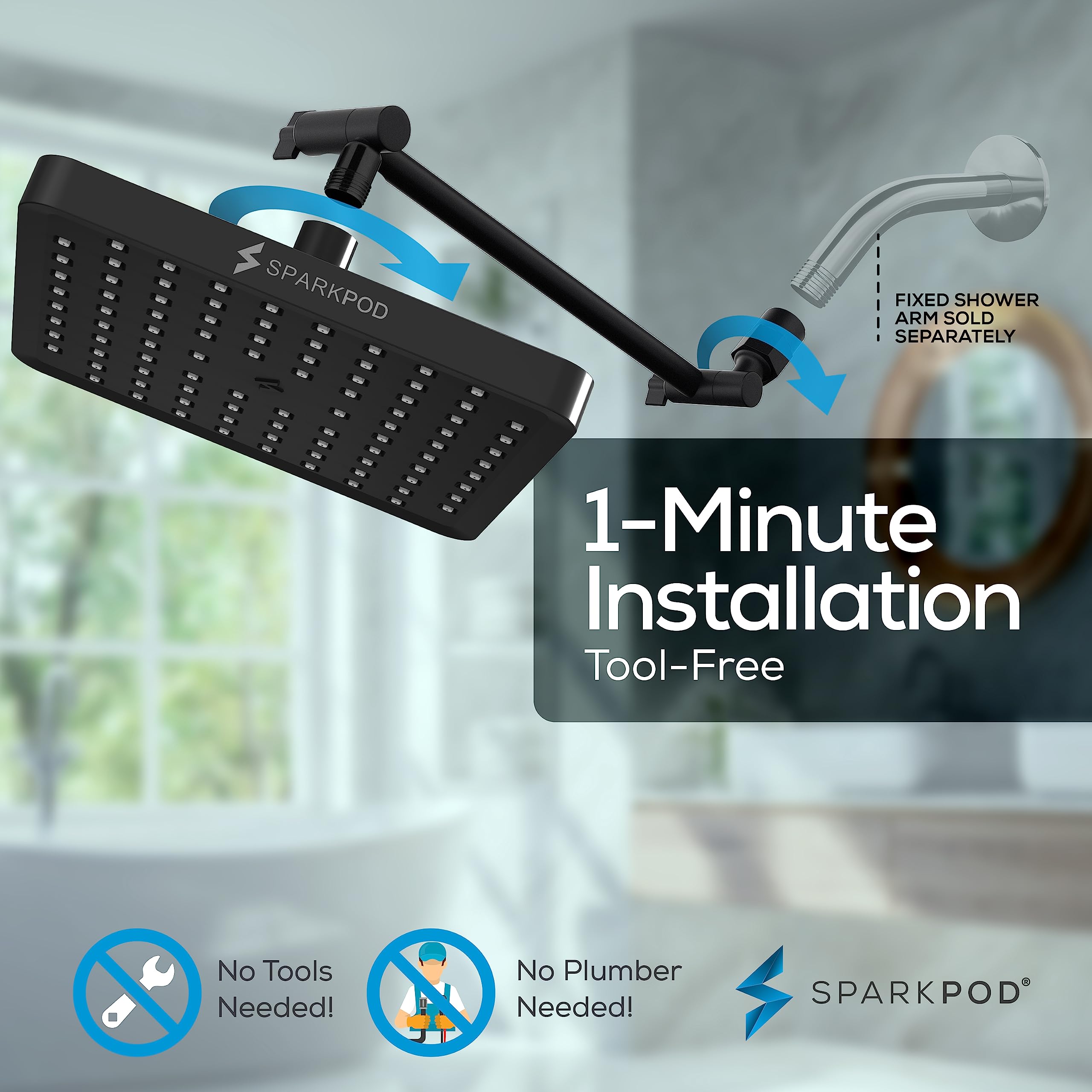 SparkPod Square Rain Shower Head with Shower Head Extension Arm - High Pressure Rain - Luxury Modern Look - No Hassle Tool-less 1-Min Installation (11" Shower Arm Extension, Elegant Brushed Nickel)