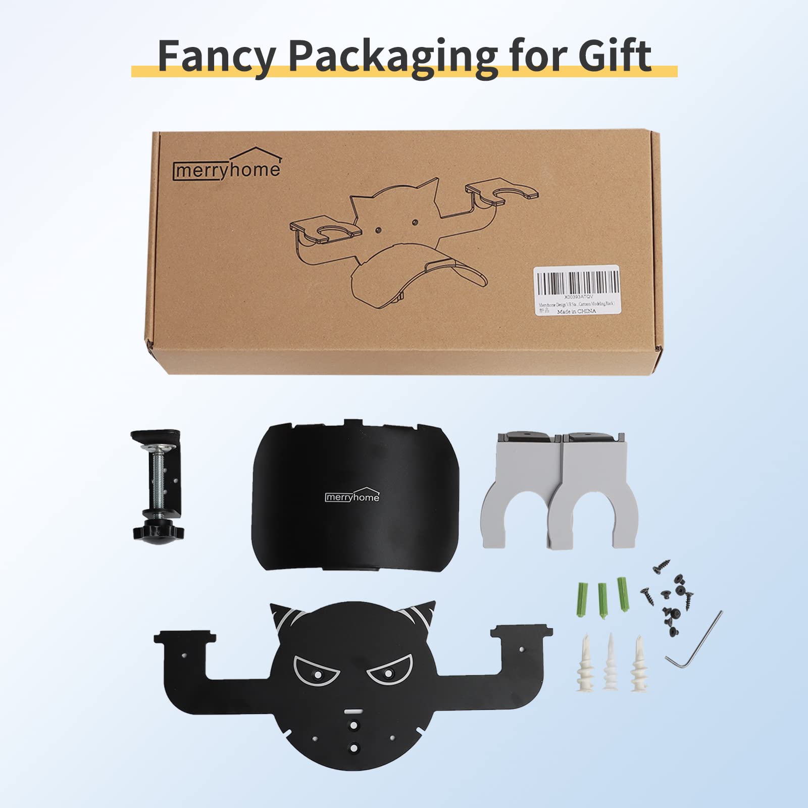 VR Stand, Wall Mount, Accessories, Mount, Metal, Black, for Quest 1, 2, pro, Headset and Toucher Controller Display Stand (Merryhome Design, Vive Cartoon)