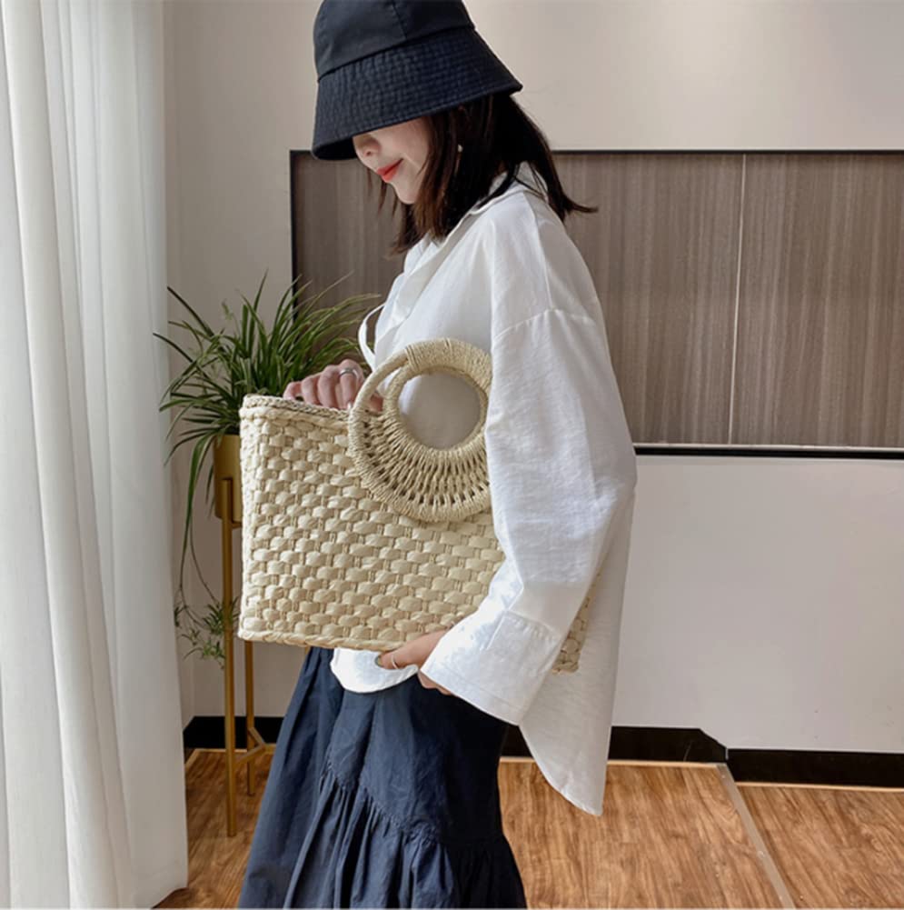 Women Straw Handbag, Large Capacity Woven Handmade Round Handle Hobo Bag, Casual Retro Vacation Beach Bag