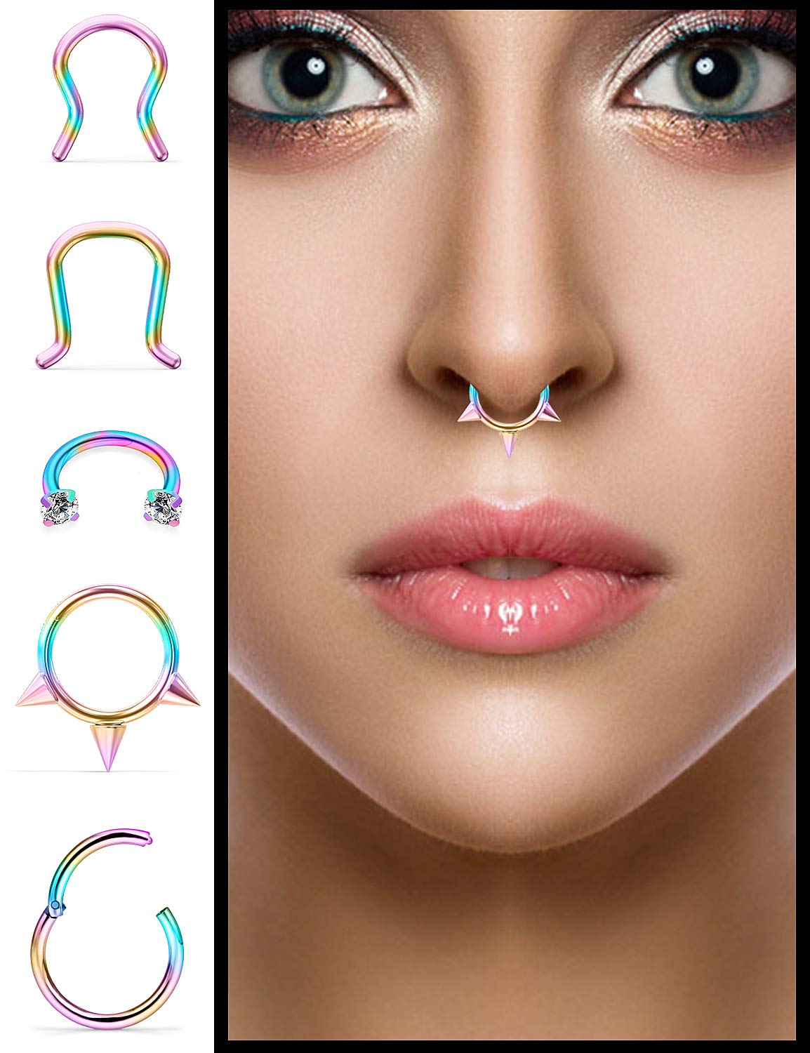 SCERRING 10PCS 16G Stainless Steel Hinged Clicker Segment Septum Nose Lip Ring Hoop Cartilage Tragus Sleeper Earrings Body Piercing Jewelry Braided 10mm Rainbow