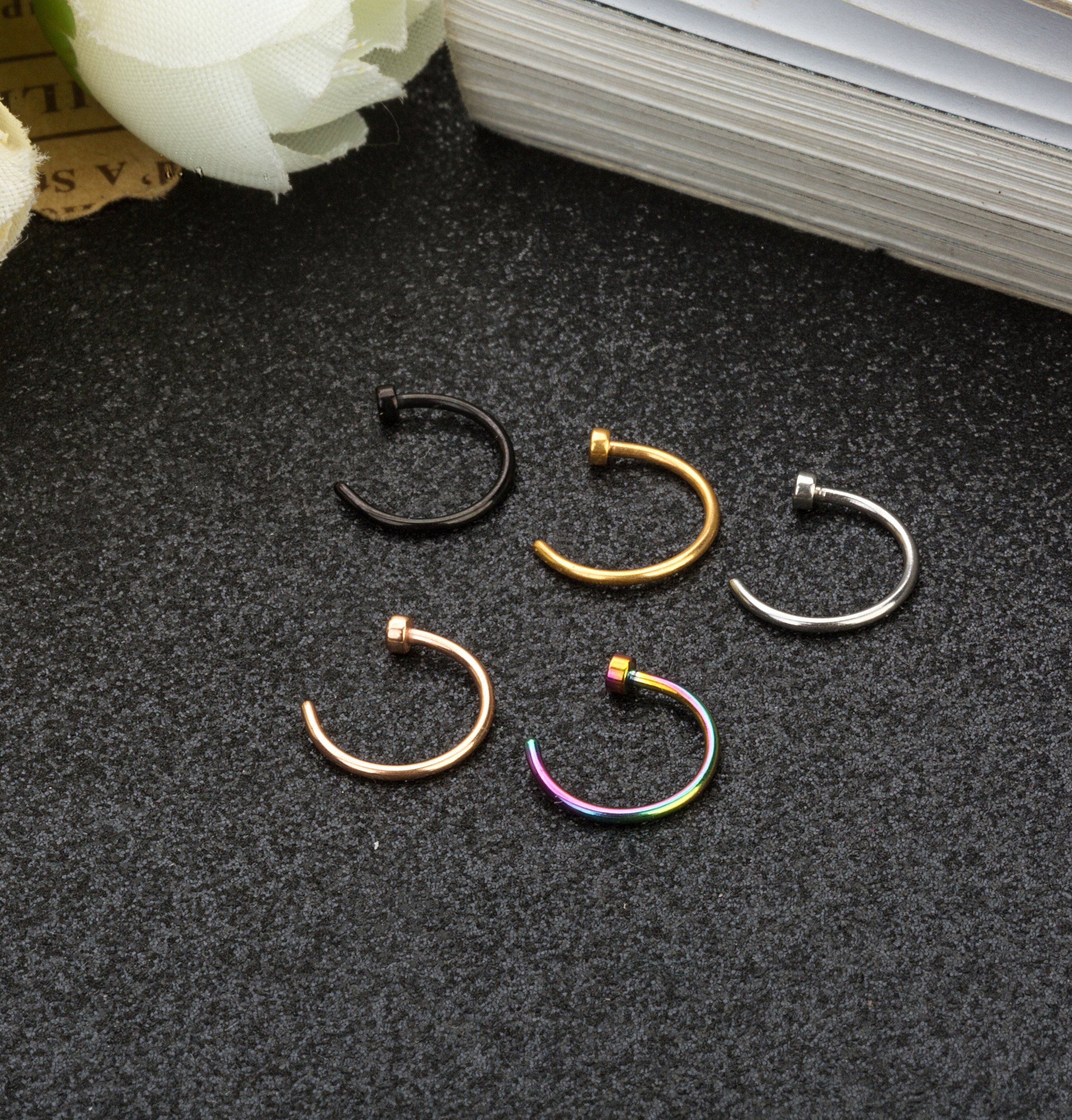 REVOLIA 22G 5Pcs Stainless Steel Nose Rings Hoop Body Piercing Jewelry 8MM