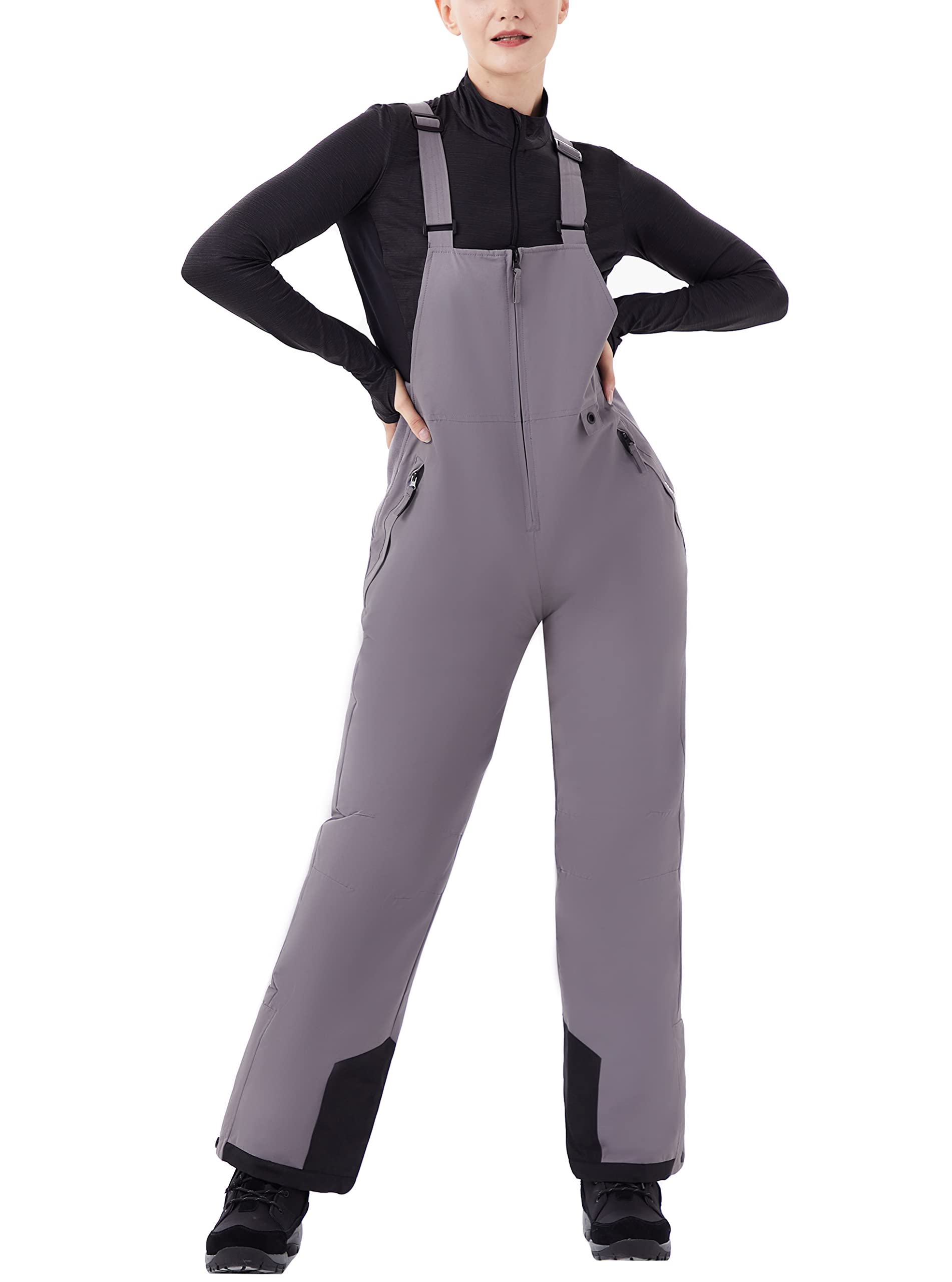 WULFUL Womens Insulated Snow Bibs Waterproof Winter Ski Pants Snowboarding Overalls Dark Grey