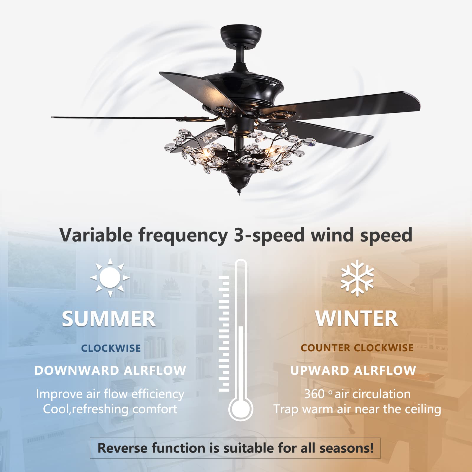 Siljoy 50" Reversible Crystal Ceiling Fan with Lights, Black Branches Ceiling Fan, 5 Wood Blades, Remote Control, Elegant Vintage Indoor Chandelier Fan Light Kit for Bedroom Dining Room