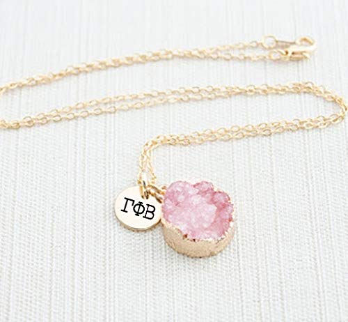 Sorority Shop GPB Necklace - Gamma Phi Beta Pink Druzy Gemstone Necklace With Engraved Pendant – 14K Gold Dipped Jewelry with Pink Gemstone – Sorority Gift, Charm Paraphernalia