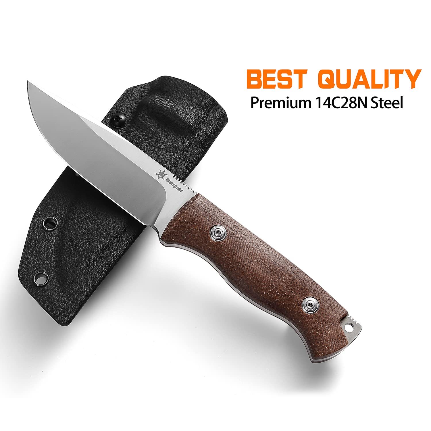 Warspear Fixed Blade Hunting Knife with Kydex Sheath D2 Steel Tactical Knife Outdoor Camping Survival Knife with Micarta Handle