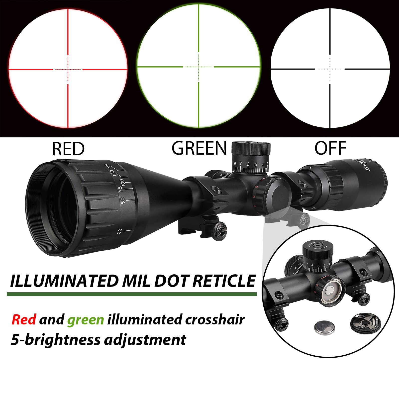 SVBONY SV177 Hunting Rifle Scope 3-12x44, Rifle Scopes for Long Range Shooting, with Front AO Adjustment, Illuminated Mil-dot Reticle Rifle Scope, with 3 Inches Sunshade