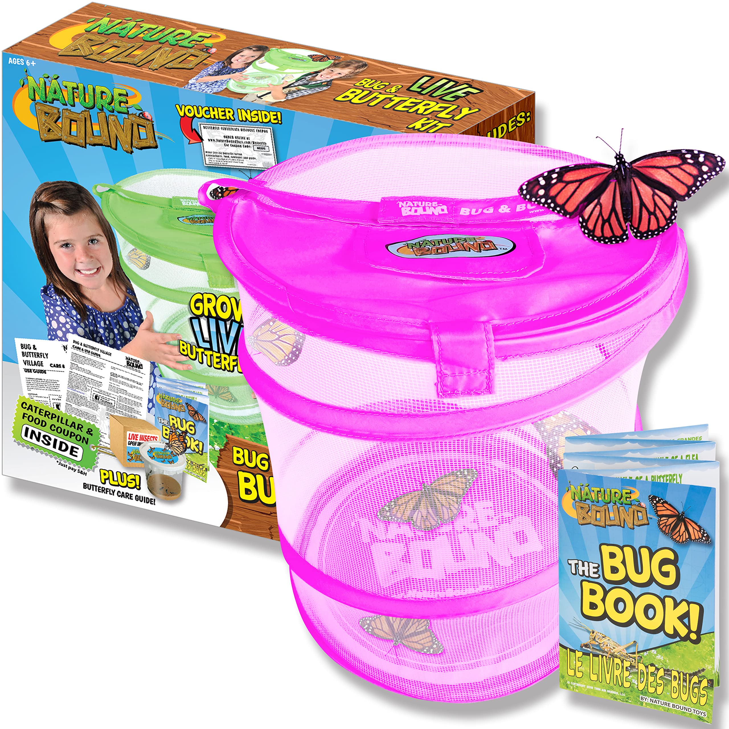 Nature Bound Butterfly Growing Habitat Kit - with Voucher to Redeem Live Caterpillars for Home or School Use - Pink Pop-Up Cage 12-Inches Tall