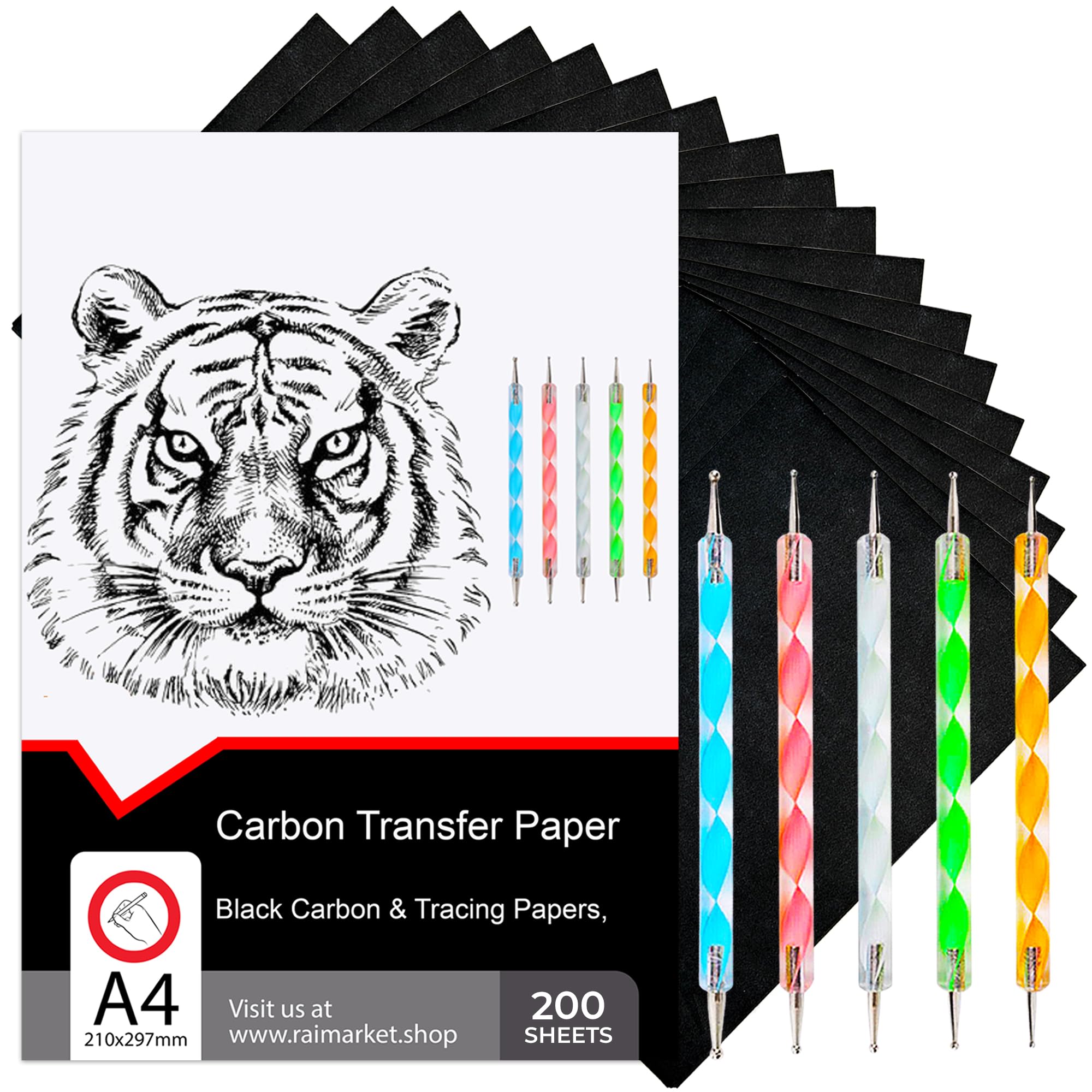 Raimarket 112 Pcs Black Carbon Paper for Tracing On Fabric, Wood and Sewing Includes 5 Tracing Paper for Sewing Patterns, 1 Pencil and 1 Lead Box, 5 Stylus, A4 Size (9 X 13) Graphite Transfer Paper