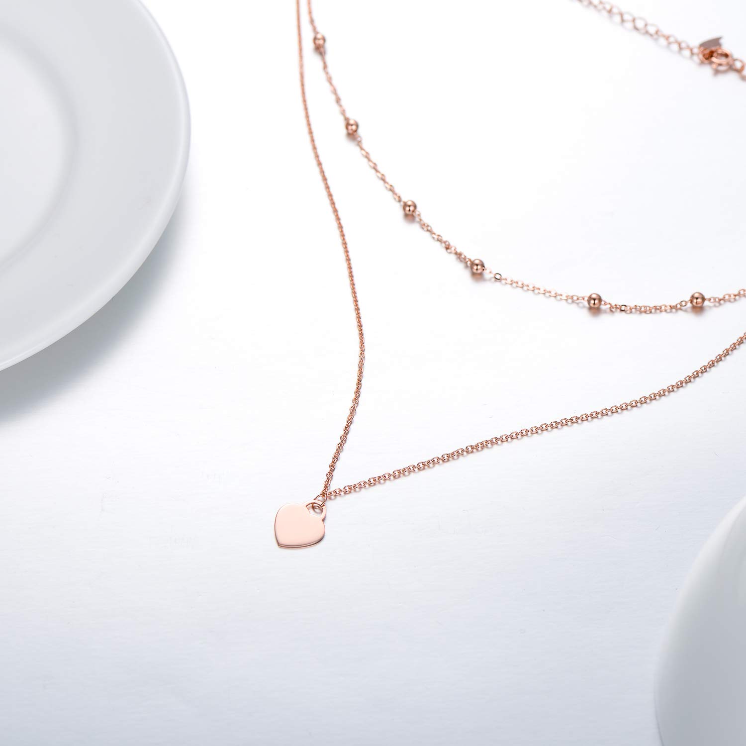 PEIMKO Sterling Silver Double Layered Choker Necklace for Women, Rose Gold Plated Silver Rosary Layered Necklaces Gift for Women