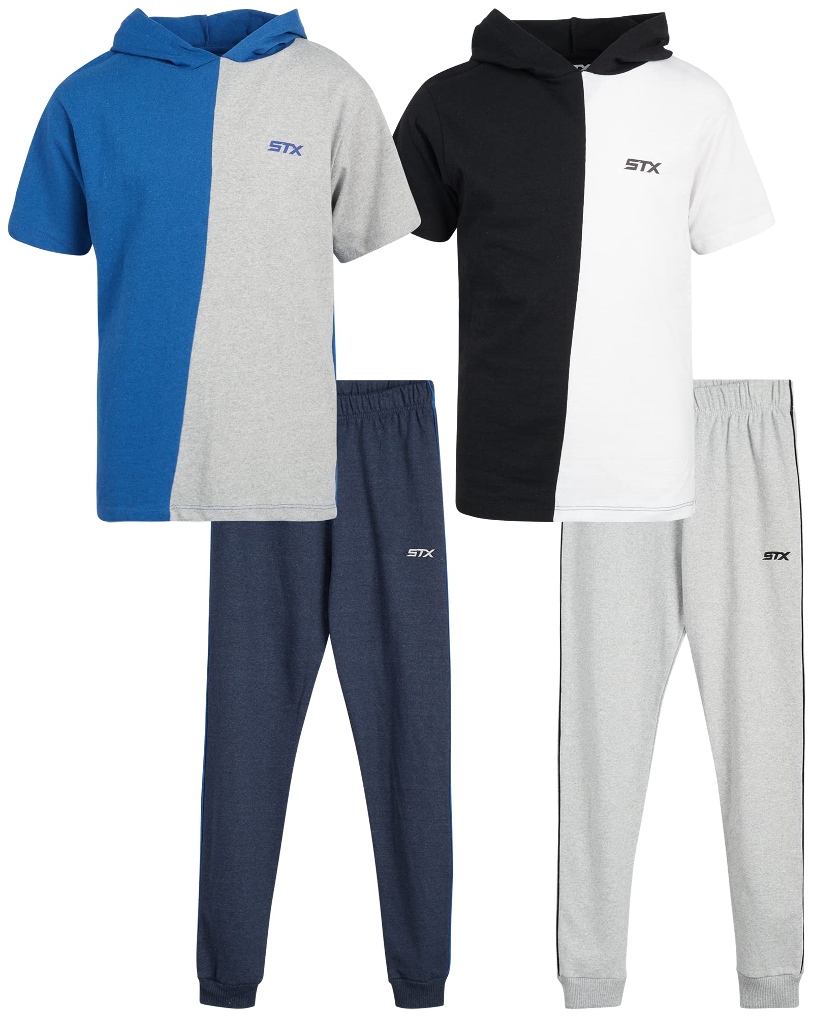STX Boys' Jogger Set - 4 Piece Hooded T-Shirt and Sweatpants Kids Clothing Set, Size 4, Blue/Navy/Black/Grey