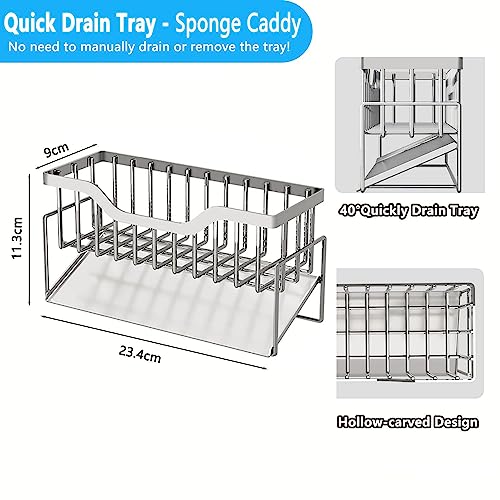 Sponge Holder for Kitchen Sink,Stainless Steel Sponge Caddy, Countertop Kitchen Sink Organizer with Drain Tray, Sponge Rack Holder for Dish Soap (Silver)