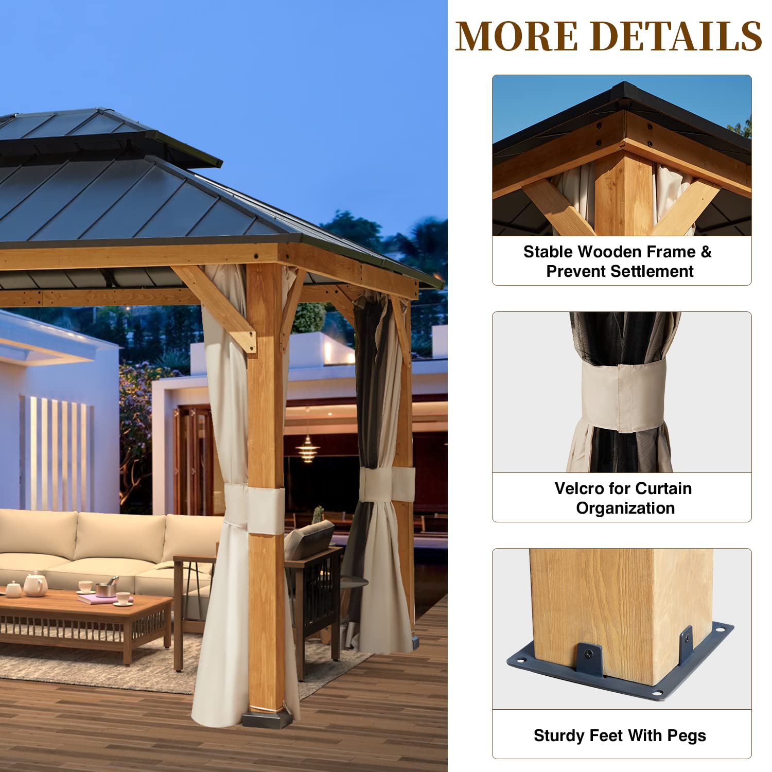 RICHRYCE 11' x 13' Solid Wood Gazebo, Hardtop Gazebo Plastic Sprayed Metal Roof Outdoor Gazebo Canopy Double Vented Roof Pergolas Wood Frame with Netting and Curtains for Garden, Patio, Lawns, Parties