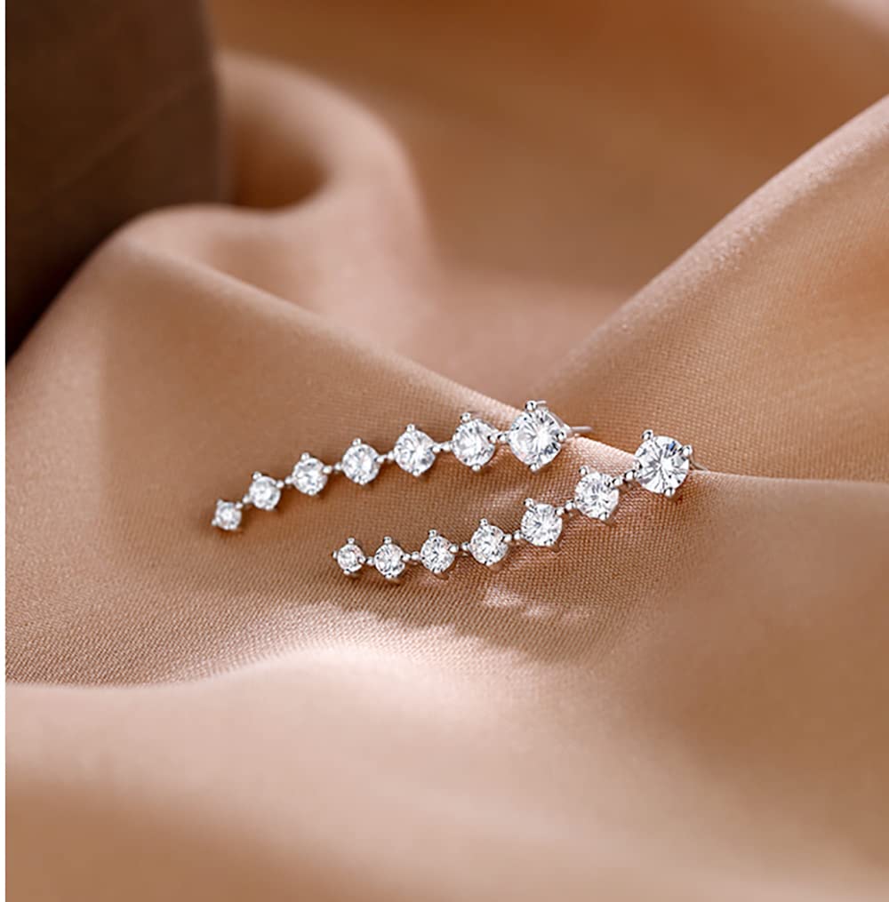 Reffeer 925 Sterling Silver 7 Crystals Ear Cuffs Earrings Climber Wraps for Women Crawler Earrings (A-Silver)
