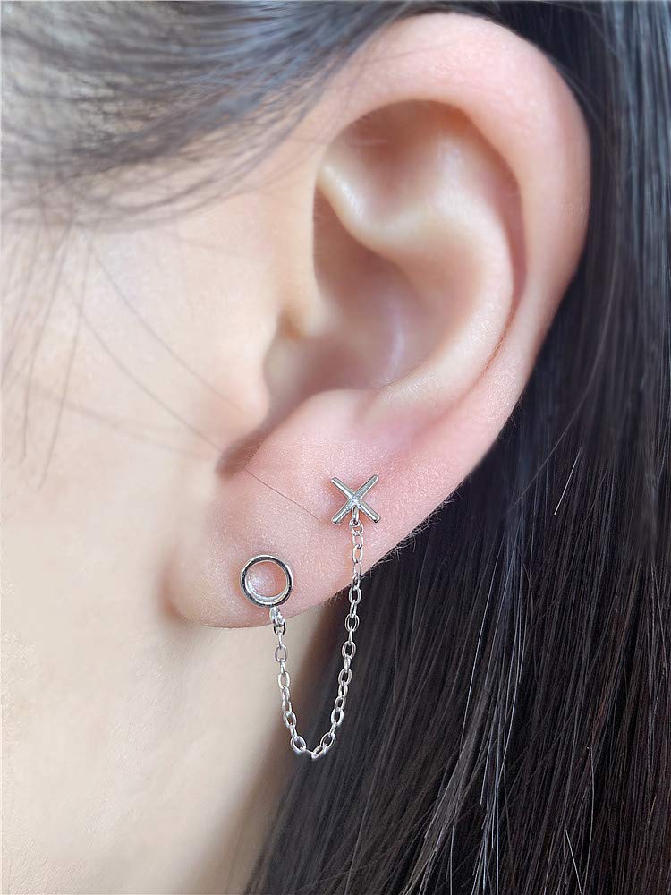 Tassel Symbol Chain Drop Dangle Stud Earrings for Women 925 Sterling Silver Double Piercing Female Gender Sign Studs Crawler Climber Letter X O Post Fashion Personalized Jewelry Unique Gift