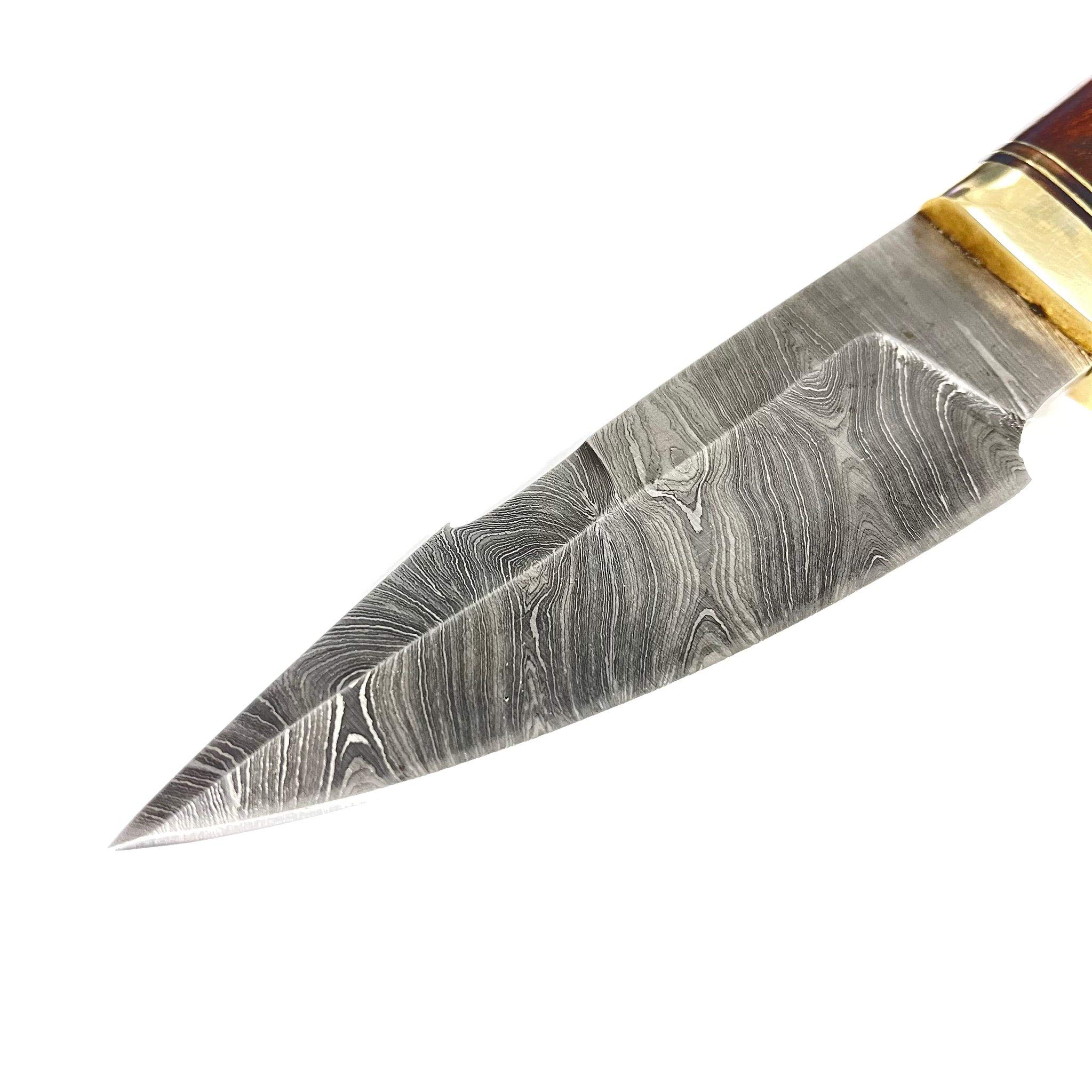 Vortex Blade Shop Custom Handmade Damascus Steel Hunting Survival Knife with Leather Sheath EDC 9.5" Overall Walnut Wood Handle and Brass Guard with Mosaic Pinned Handle
