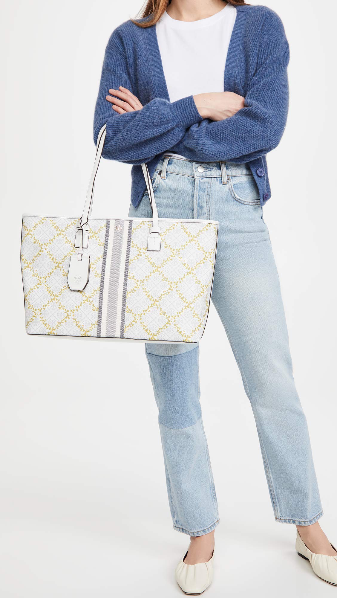 Tory Burch Women's T Monogram Floral Vine Top Zip Tote, New Ivory, One Size
