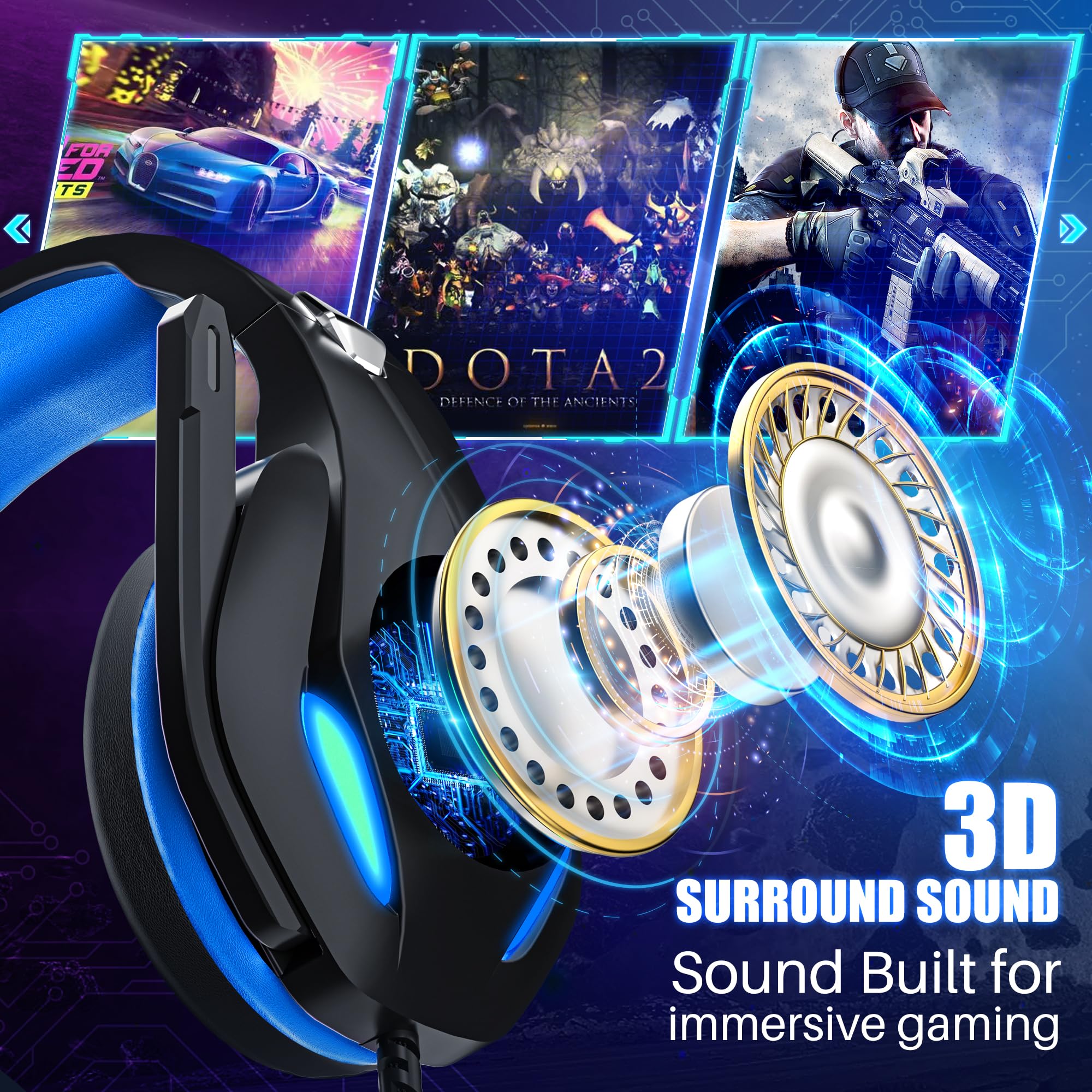 Stynice Gaming Headset for Xbox, PC, PS5, PS4, Laptop, Crystal Clear Sound Computer Gamer Headset with Noise Canceling Mic and LED Light - Lightweight Comfortable Over Ear Headphones (Blue)