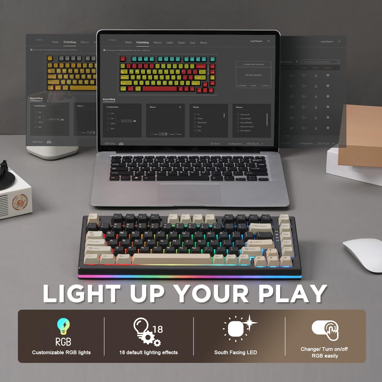 YUNZII YZ75 75% Hot Swappable Wireless Gaming Mechanical Keyboard, RGB Backlights, BT5.0/2.4G/USB-C, Dye Sub PBT Keycaps for Linux/Win/Mac(Gateron G Pro Brown, White)