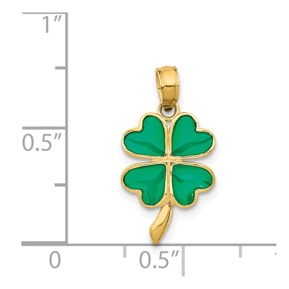 Solid 14k Yellow Gold 4-Leaf Clover Enameled Pendant Charm - 20mm x 10mm