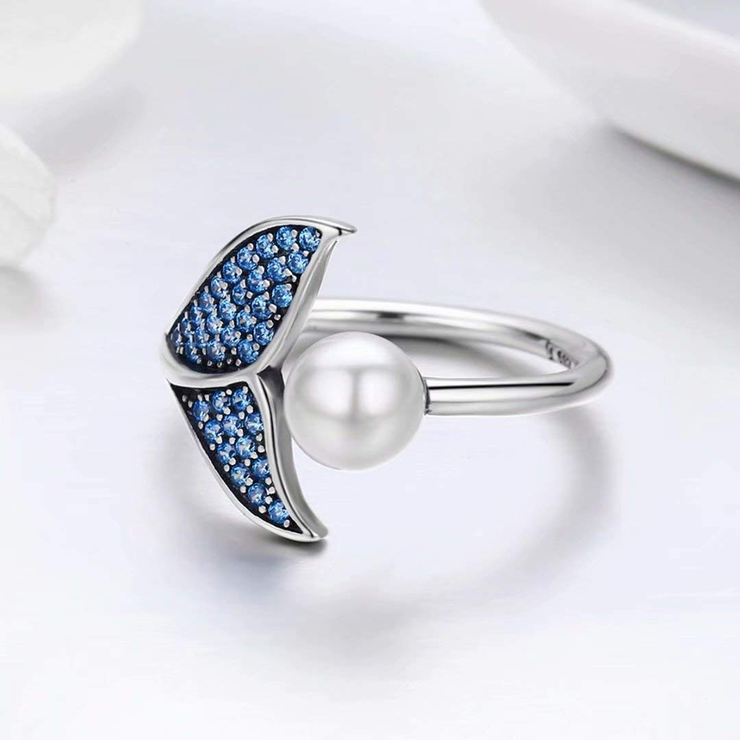 Presentski 925 Sterling Silver Cubic Zirconia Engagement Adjustable Rings,mermaid pearl rings for women