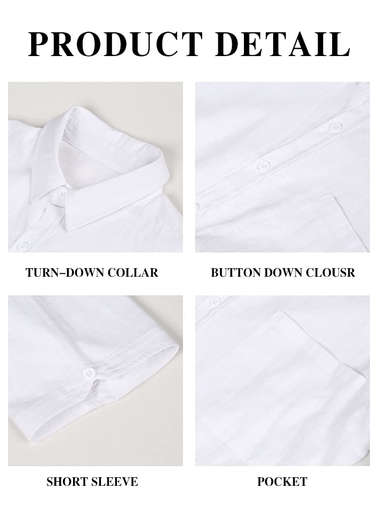 Pengfei Men's Short Sleeve Shirt Linen Cotton Button Down Tees Spread Collar Plain, White, Large